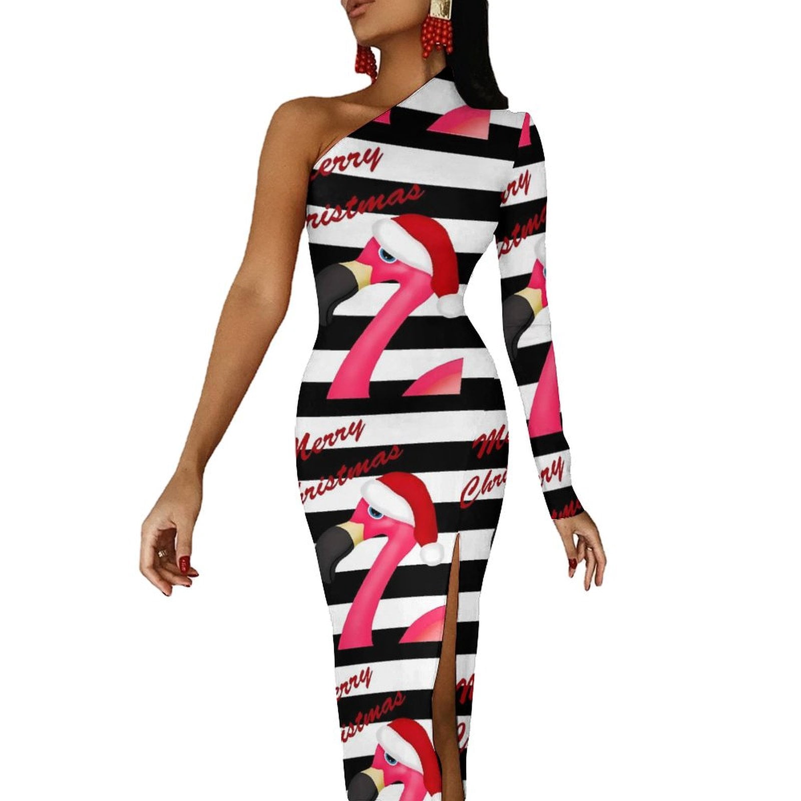 Snowflakes Maxi Dress One Shoulder Red and Black Plaid Party Bodycon ...