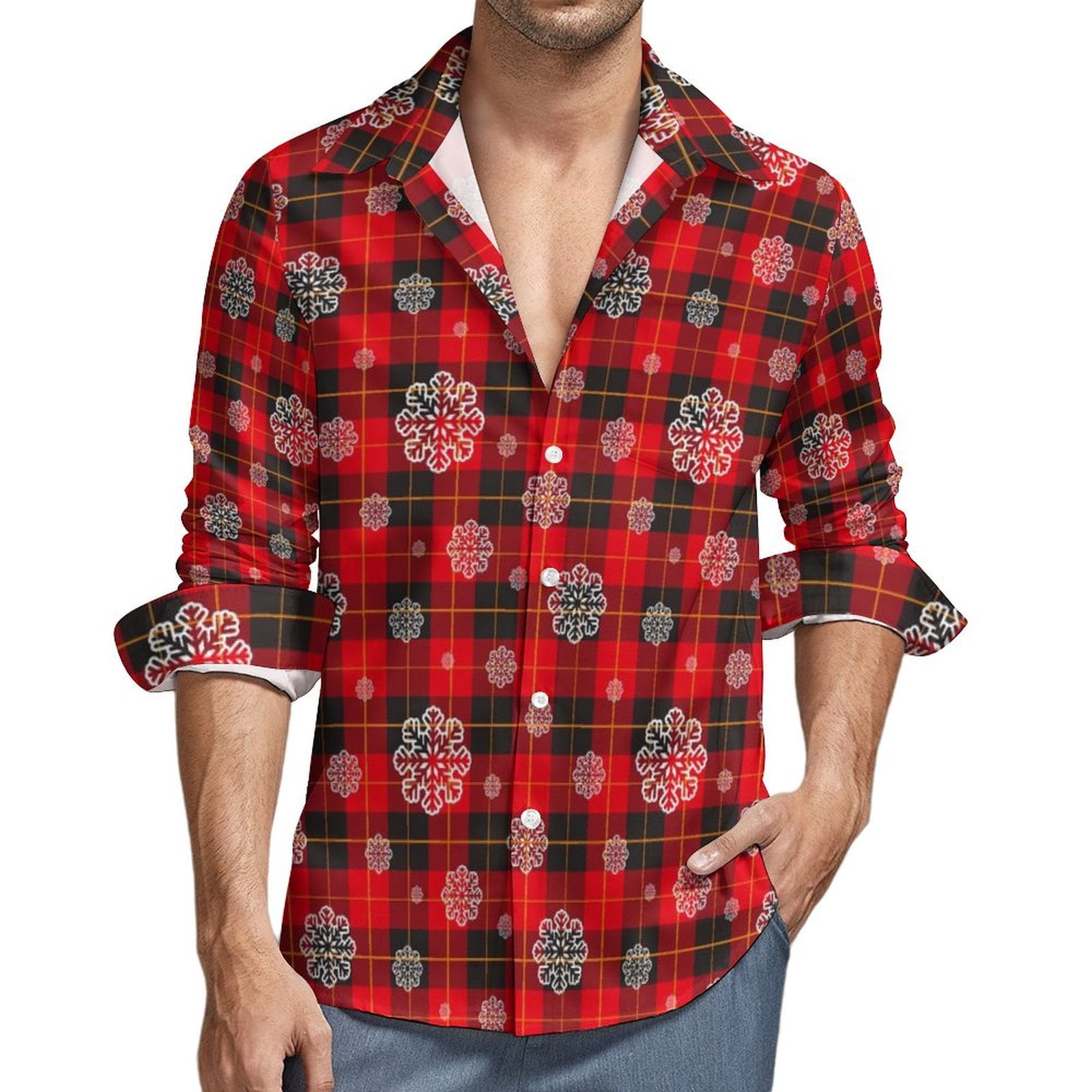 Snowflakes On A Buffalo Plaid Mens Long Sleeve Button Down Shirts ...