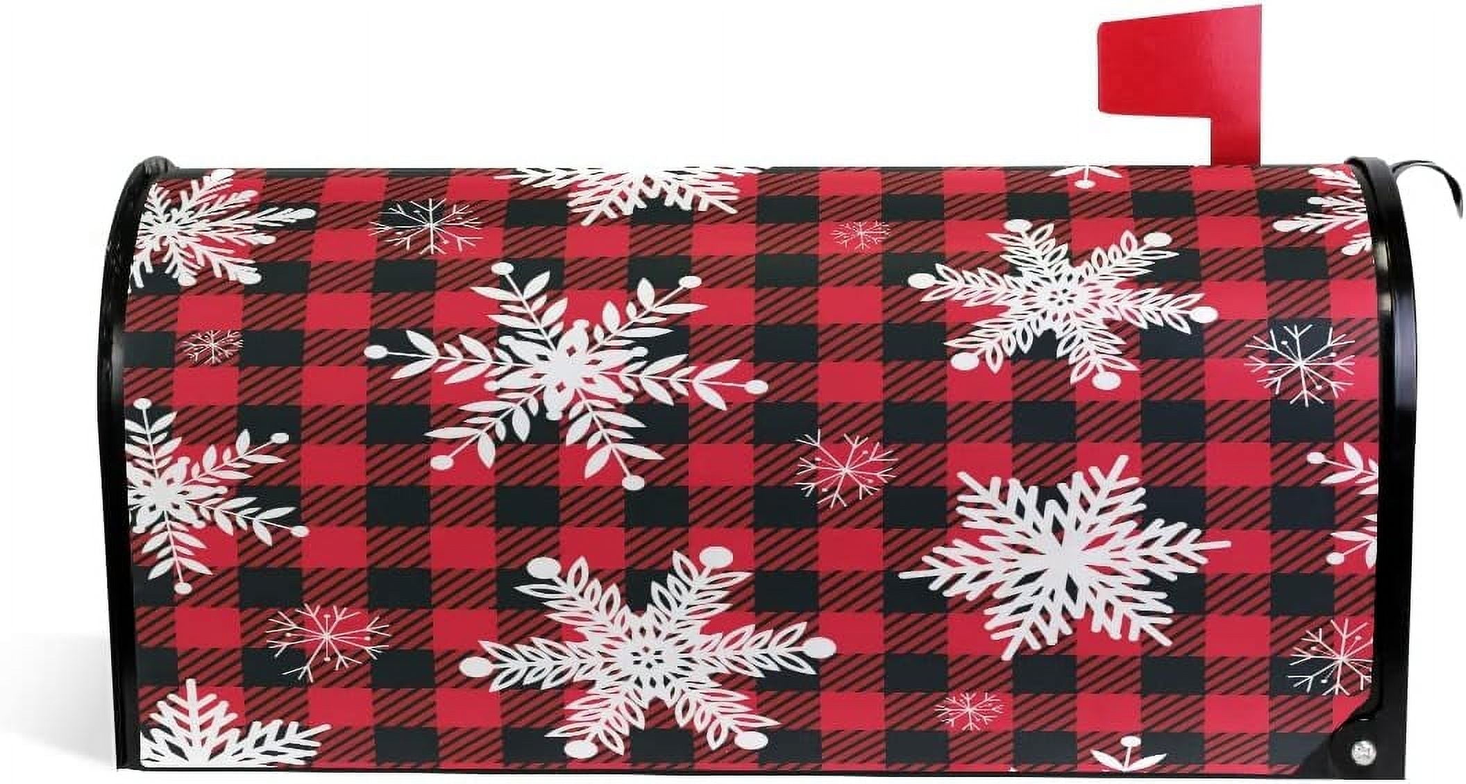 Snowflakes On Buffalo Plaid Magnetic Christmas Red Mailbox Cover ...