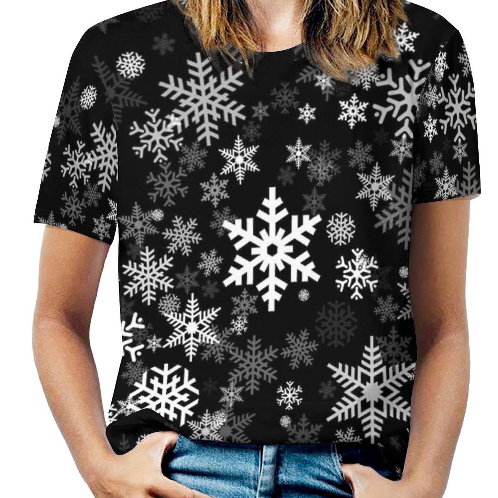 Snowflakes Pattern In Black New Fashion Zip Off Shoulder Top Short ...