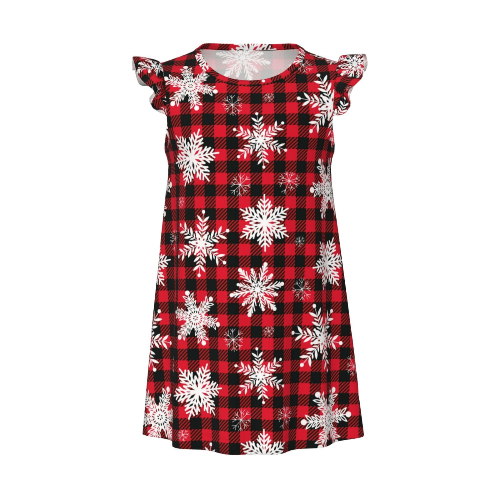 Snowflakes Plaid Christmas Girls Nightgown, Flutter Short Sleeves Night ...