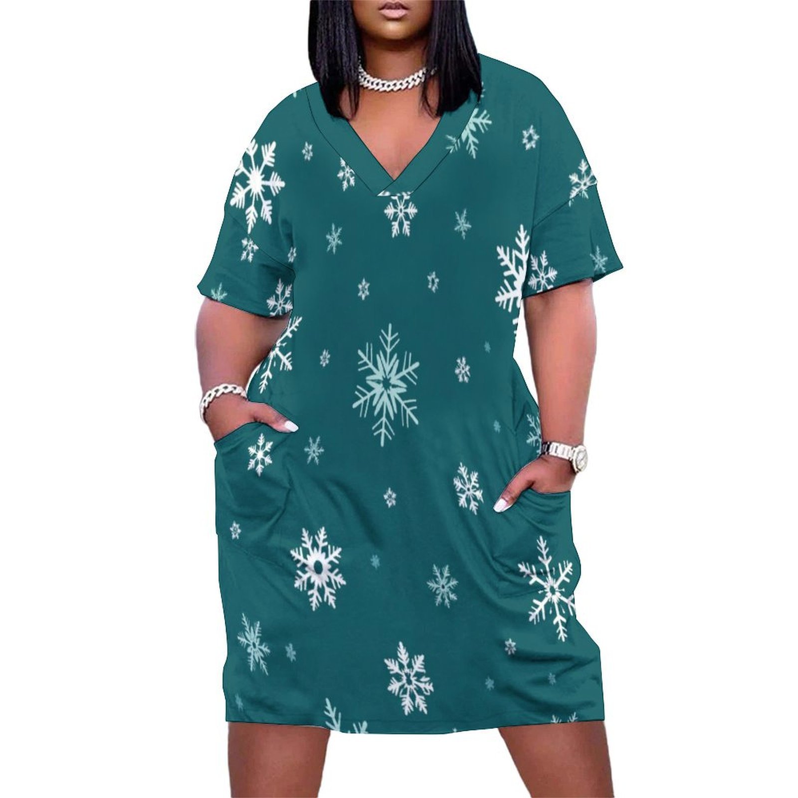 Snowflakes on Green Background Loose Pocket Dress Dresses Summer Summer ...
