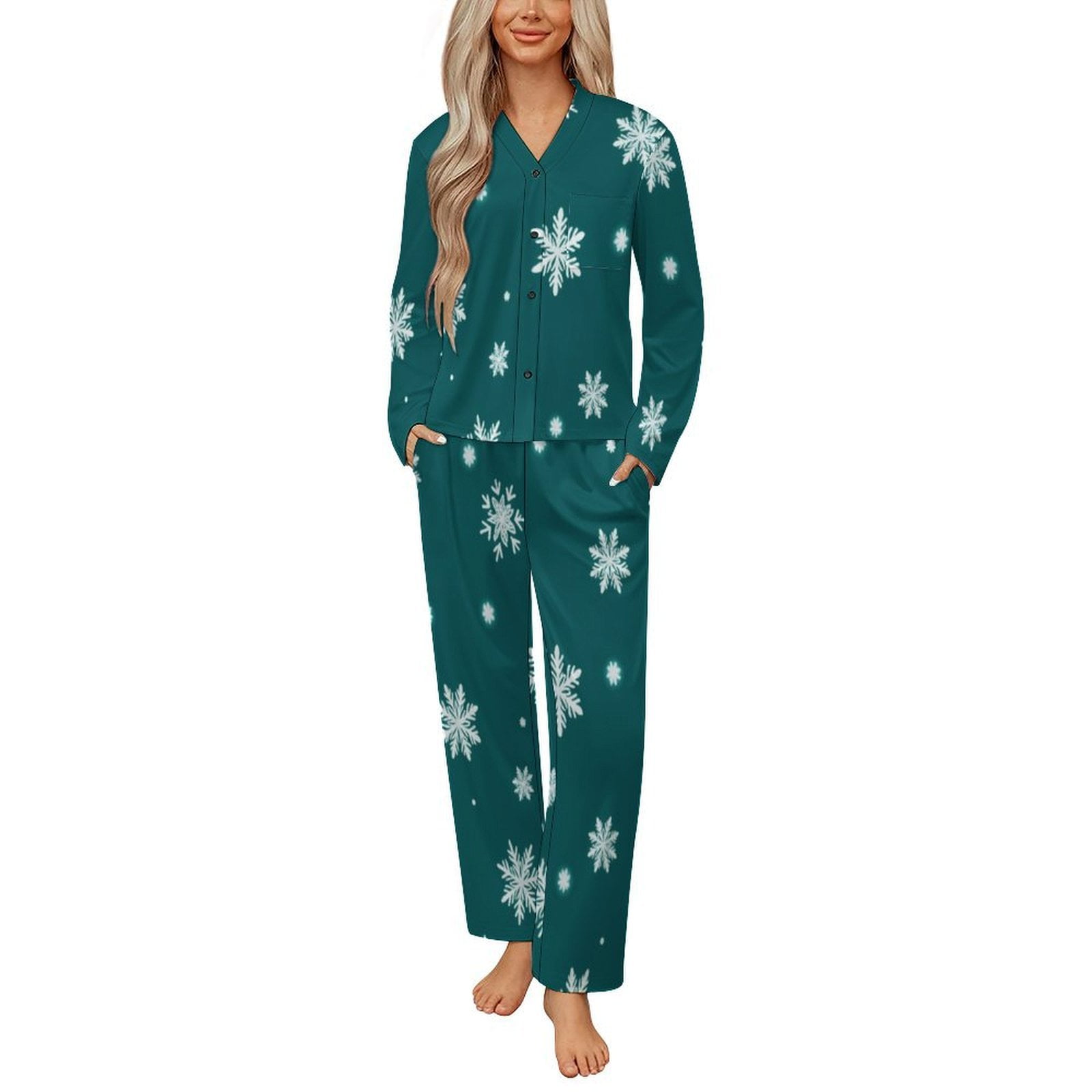 Snowflakes on Teal Background Womens Pyjamas Set Button Up Pyjamas ...