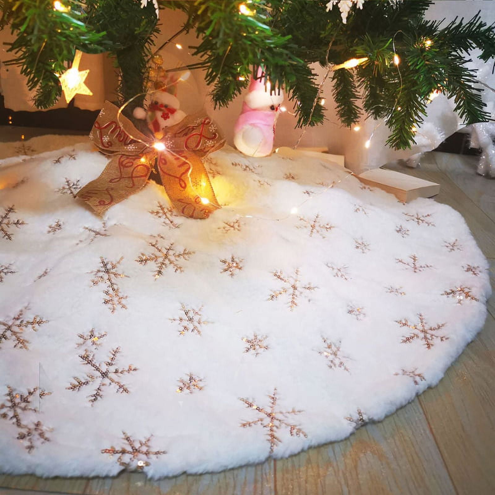 Luxury Faux Fur Christmas Tree Skirt with Snowflake Pattern, Large Size ...