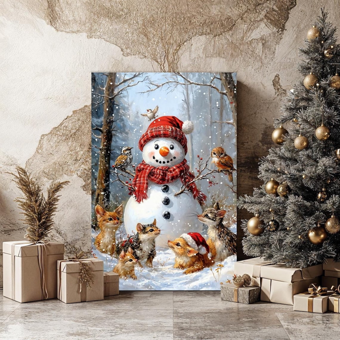 Snowman And Woodland Animals Wall Art Winter Scene Poster Winter ...