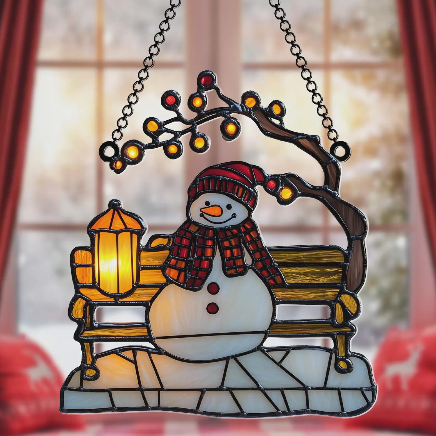 Snowman Bench Scene Suncatcher And Ornament, Faux Stained Glass ...