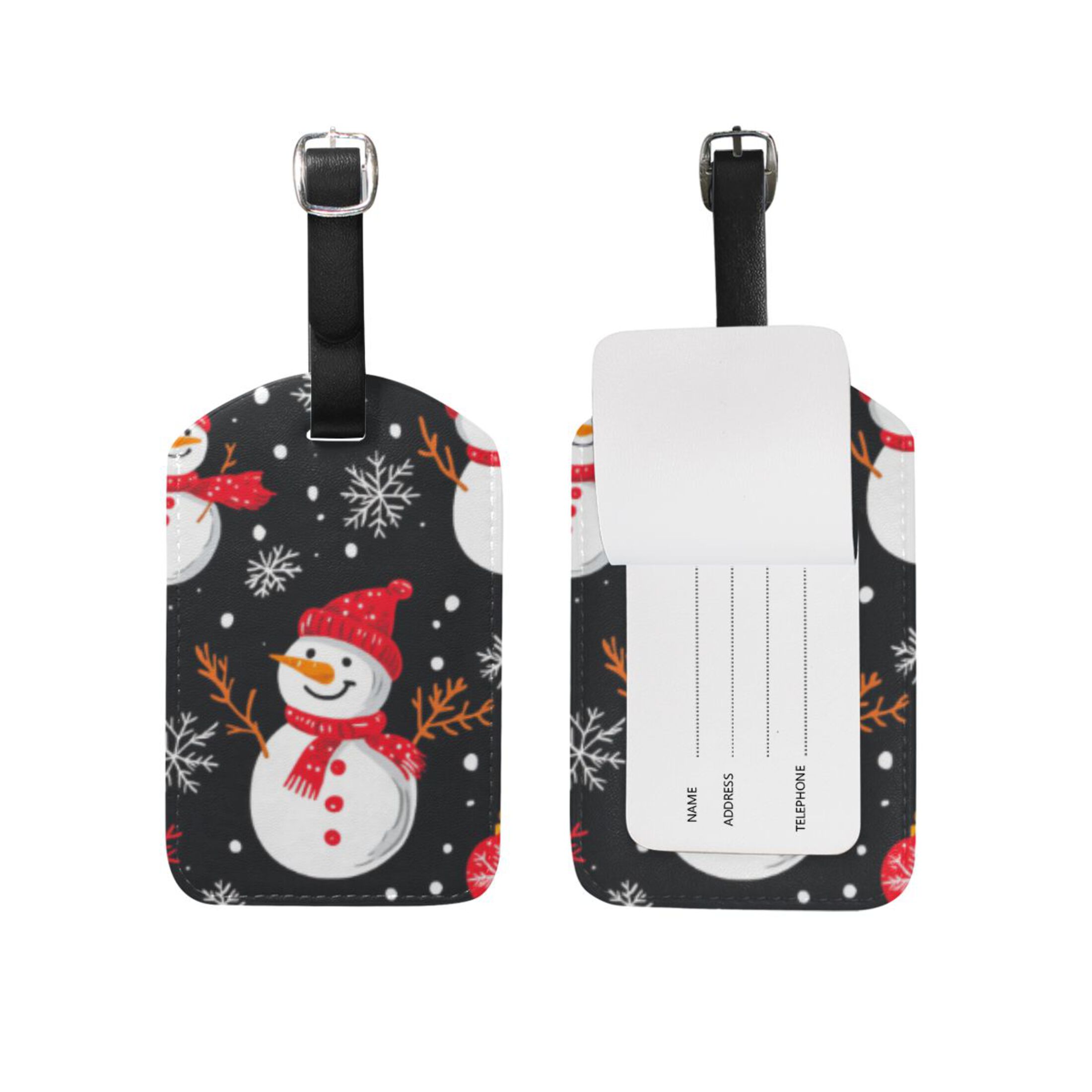Snowman Black Background Luggage Tags PU Leather Name ID Labels for ...