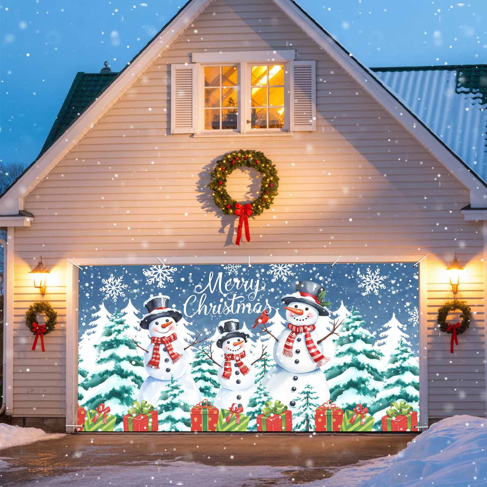 Snowman Cardinal Bird Garage Door Decorations, 6x13ft Garage Door Cover ...