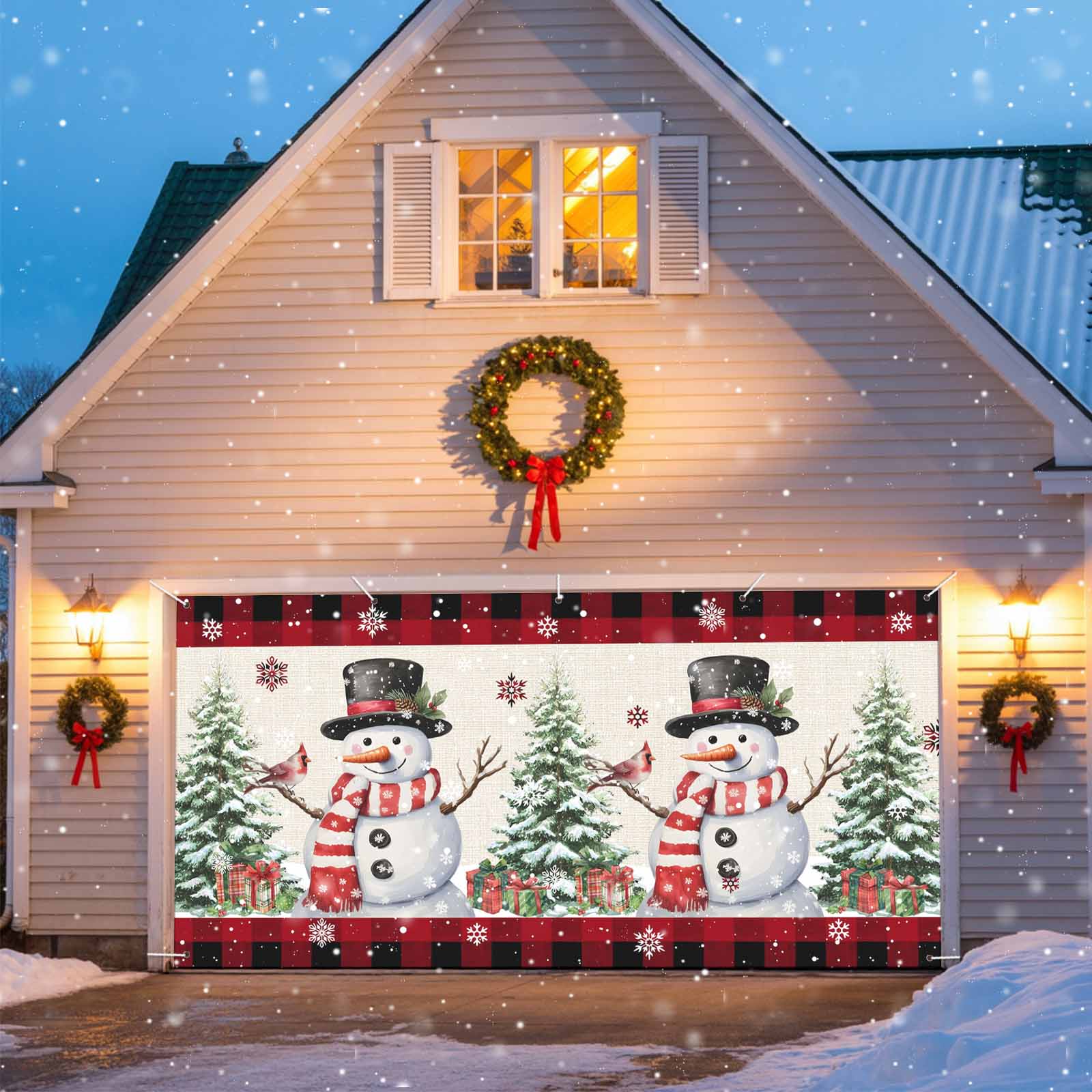 Snowman Cardinal Bird Garage Door Decorations, 6x13ft Garage Door Cover ...
