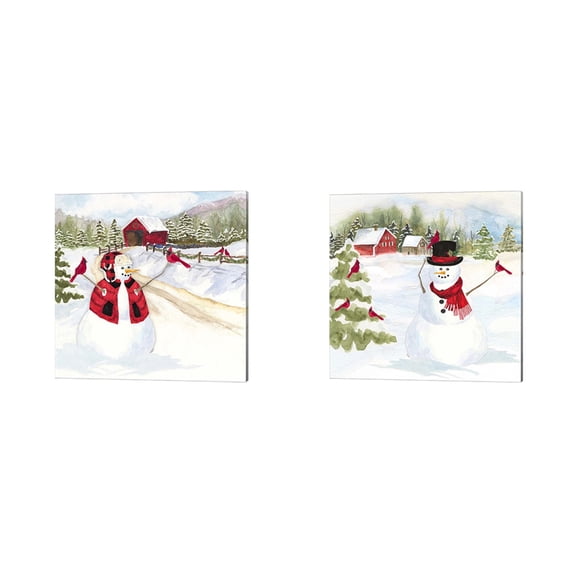 Snowman Christmas B by Tara Reed Canvas Art Set of 2 14 inch X 14 inch ...