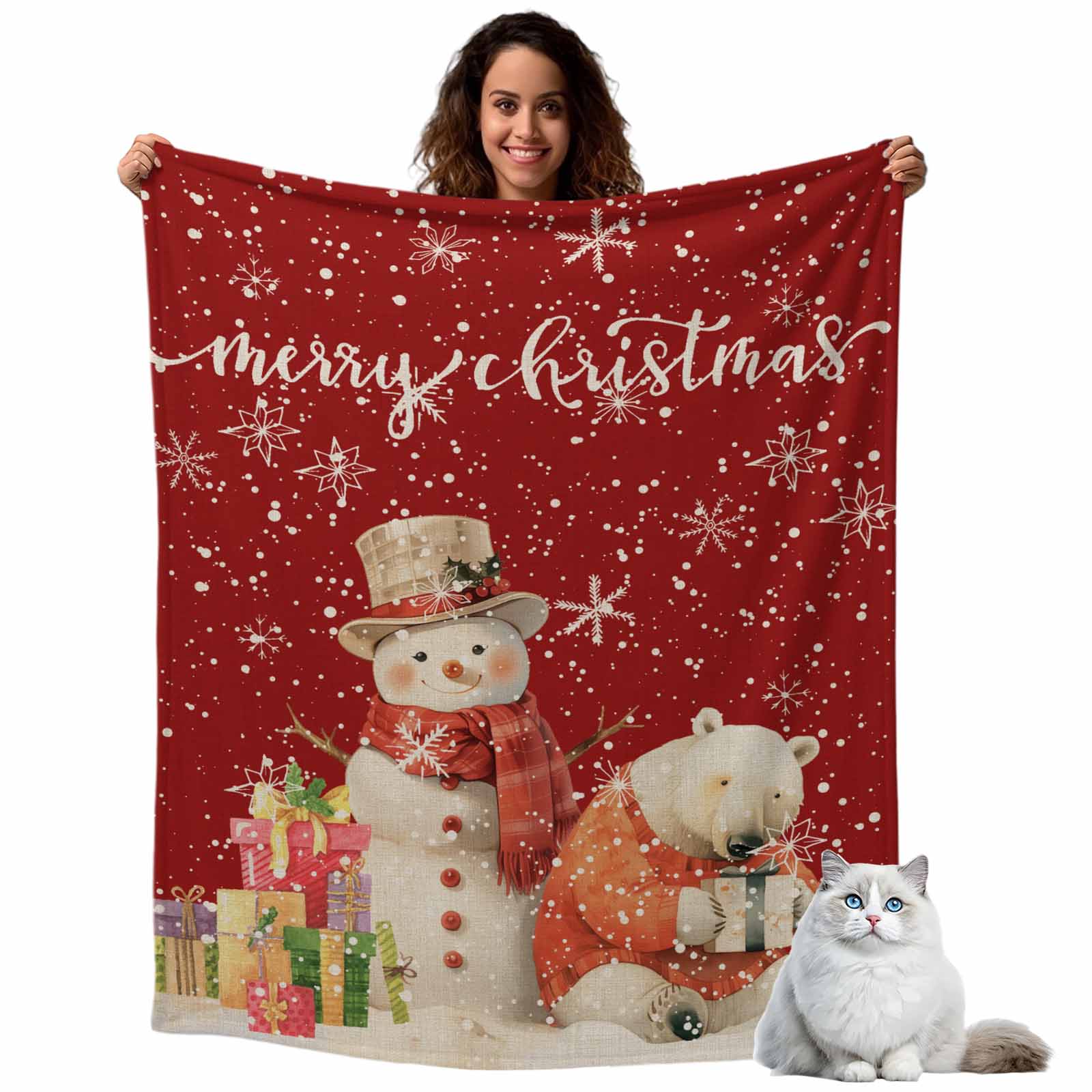 Snowman Christmas Bear Snow on Red Throw Blanket Flannel Fleece Throws ...