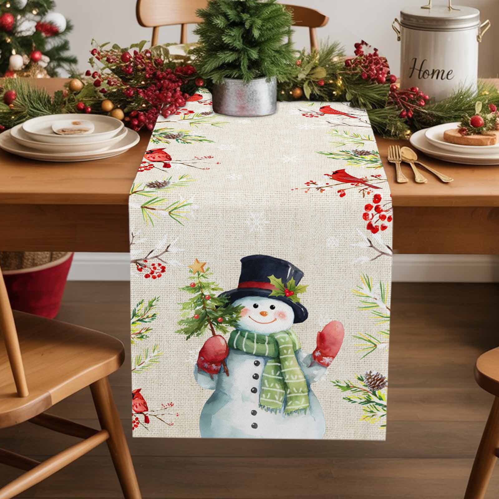 Snowman Christmas Cotton Linen Table Runner Winter Snowflake Cardinal ...