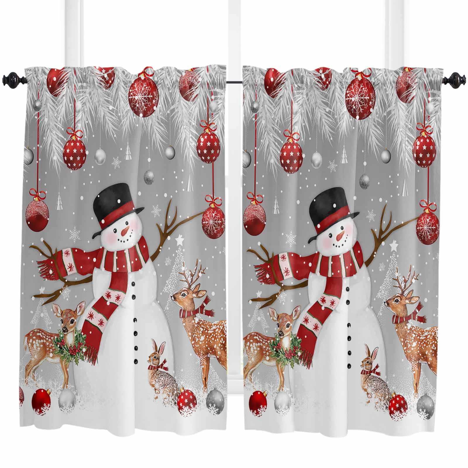 Snowman Christmas Grey Kitchen Curtain 2 Panels Tiers Curtains 45 Inch ...