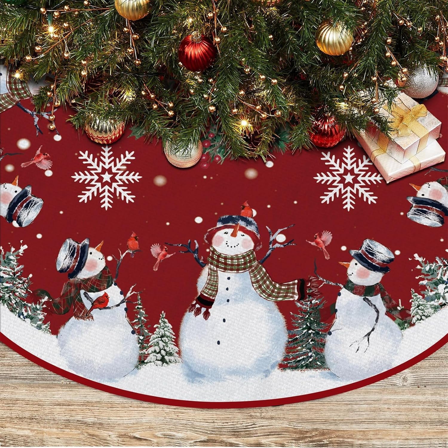 Snowman Christmas Tree Skirt 20 Inches, Red Backgrond Snowflake Pencil ...