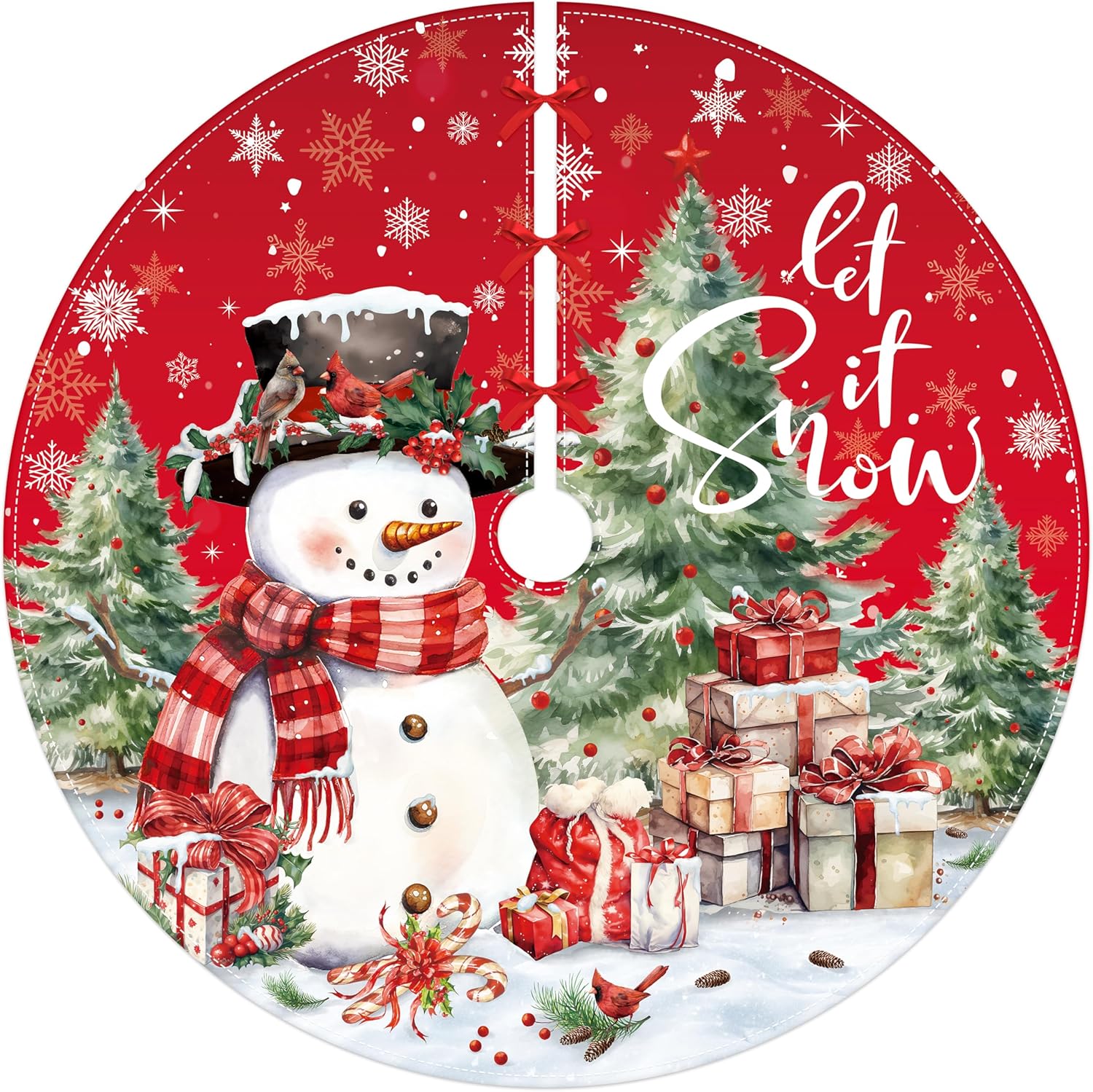 Snowman Christmas Tree Skirt 48 Inch Red Rustic Snowflaks Christmas ...