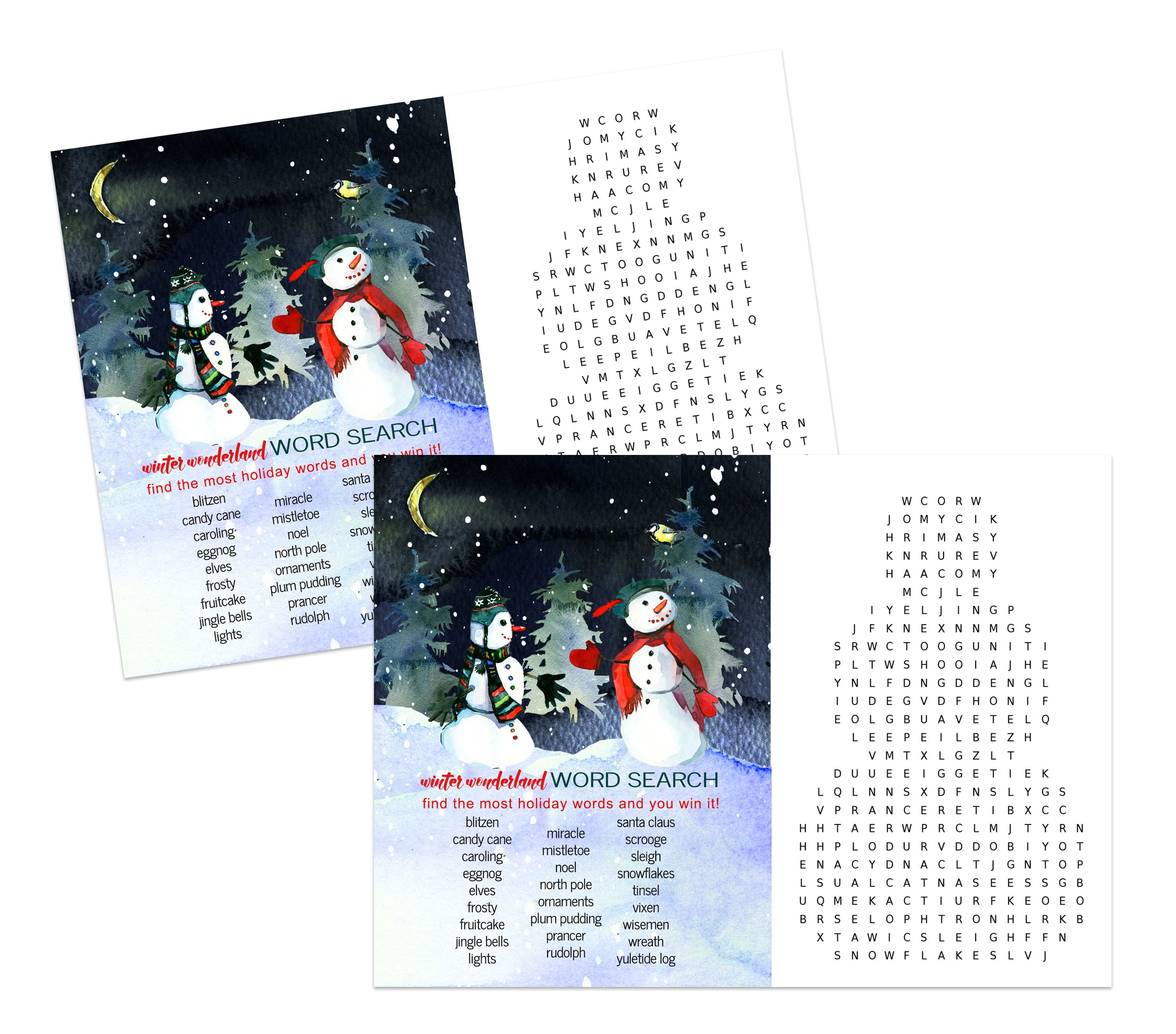 Snowman Christmas Word Search Game Cards 25 Pack Holiday Activity for ...