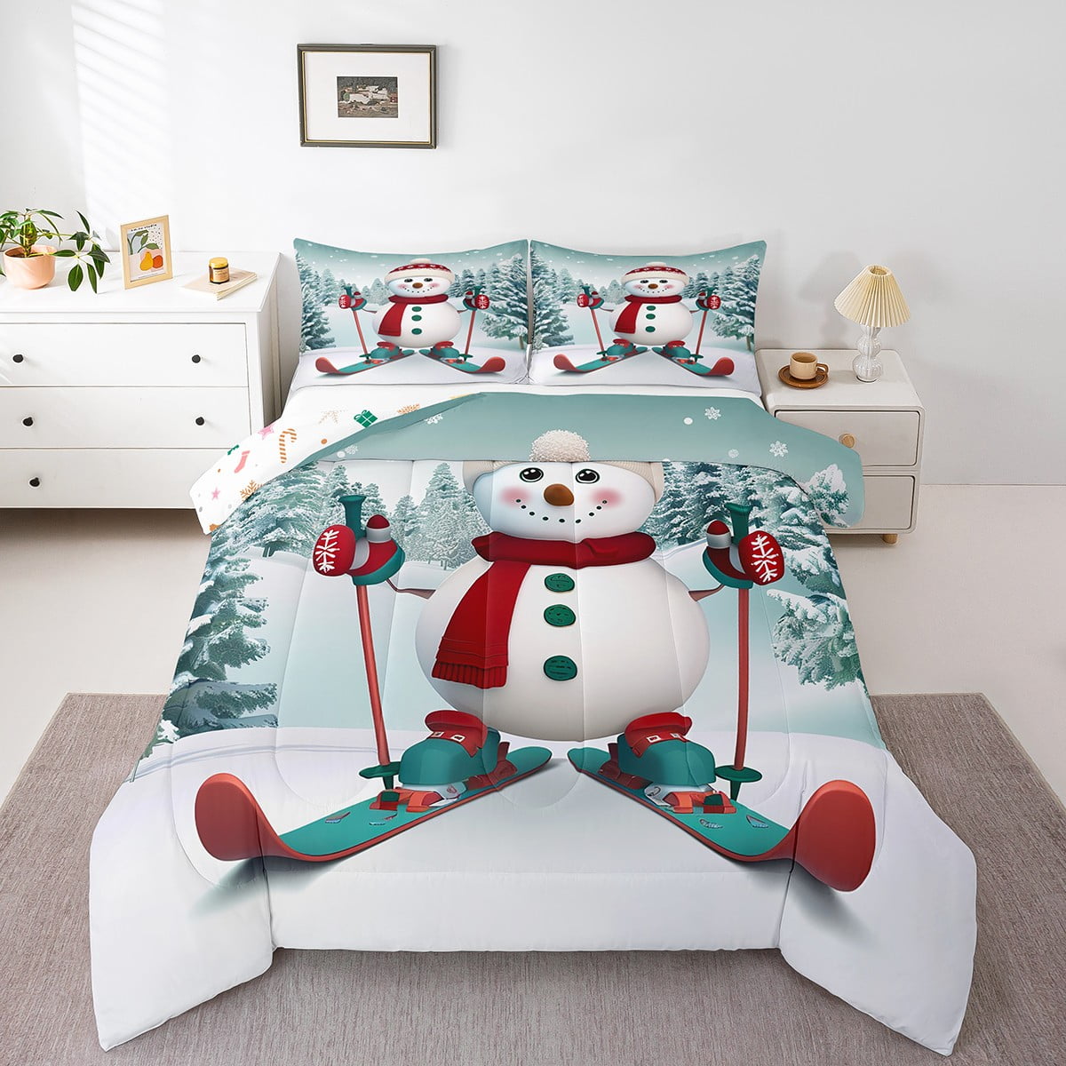 Snowman Comforter Set Christmas Tree King Bedding Set,Skiing Quilt ...