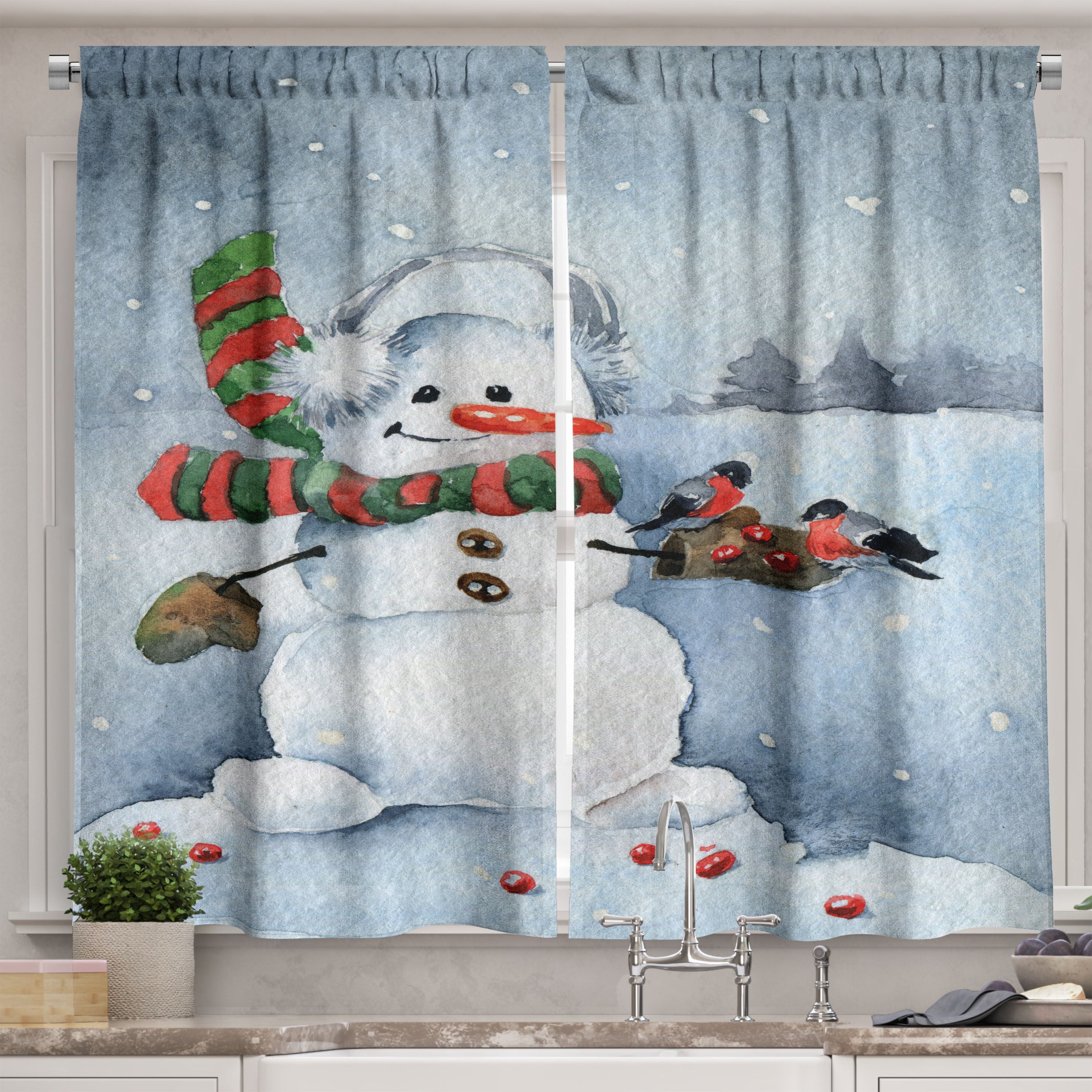 Snowman Curtains 2 Panels Set, Watercolor Style Snowfall Outdoors Merry ...