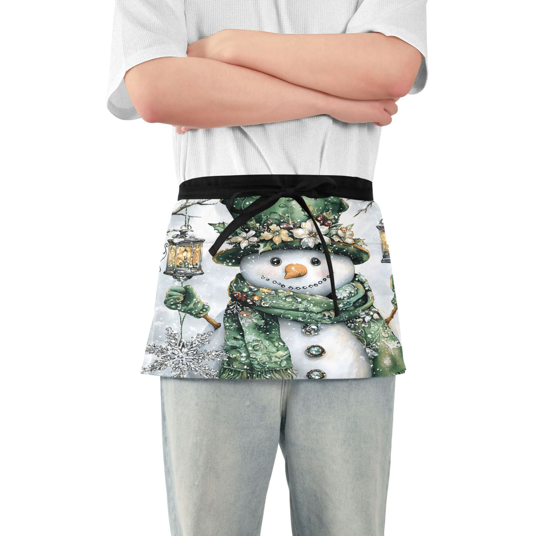 Snowman Dressed Green Server Apron with 3 Pockets Waterproof Waitress ...