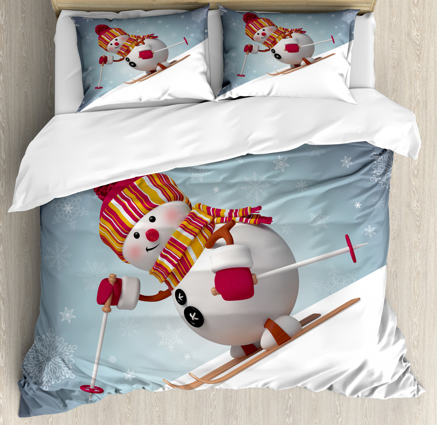 Snowman Duvet Cover Set Queen Size, Skiing Snowman in 3D Style with ...
