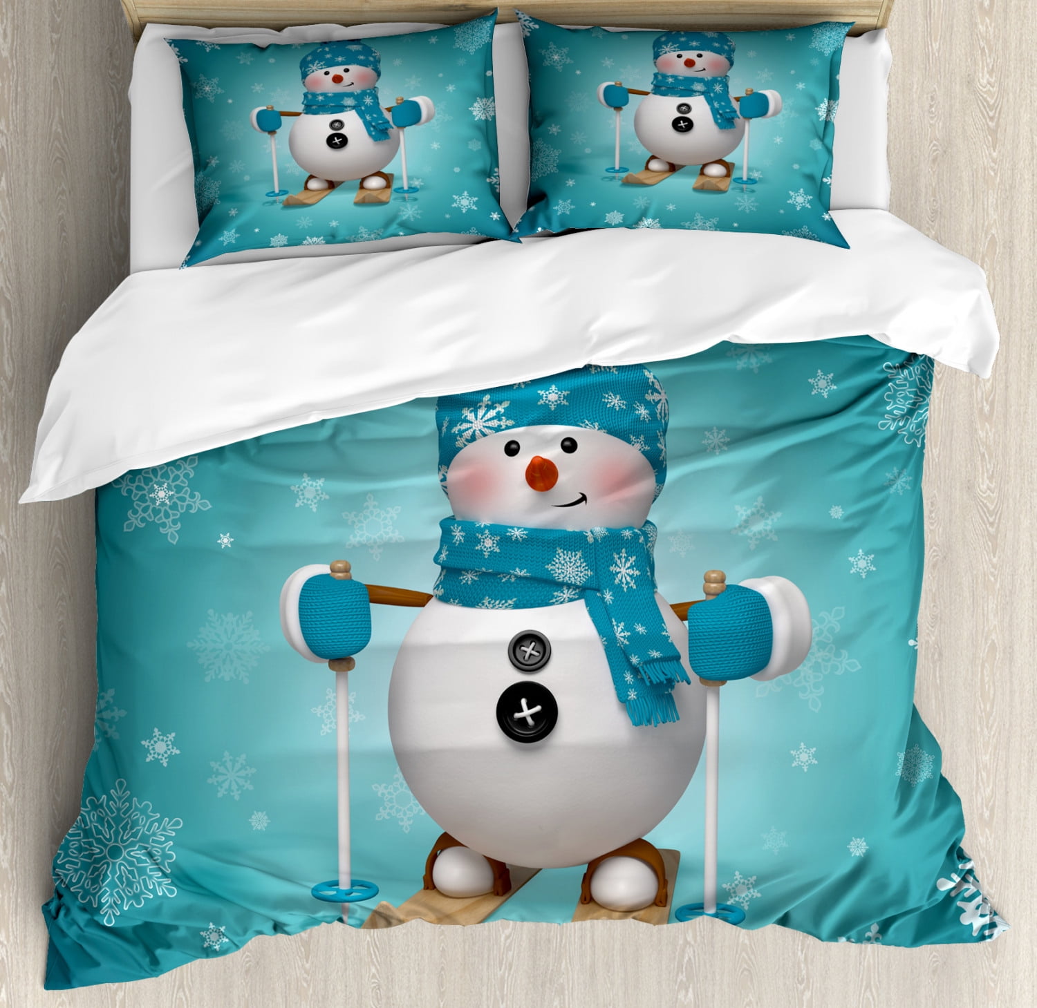Snowman Duvet Cover Set Queen Size, Skiing with Ornate Snowflakes ...