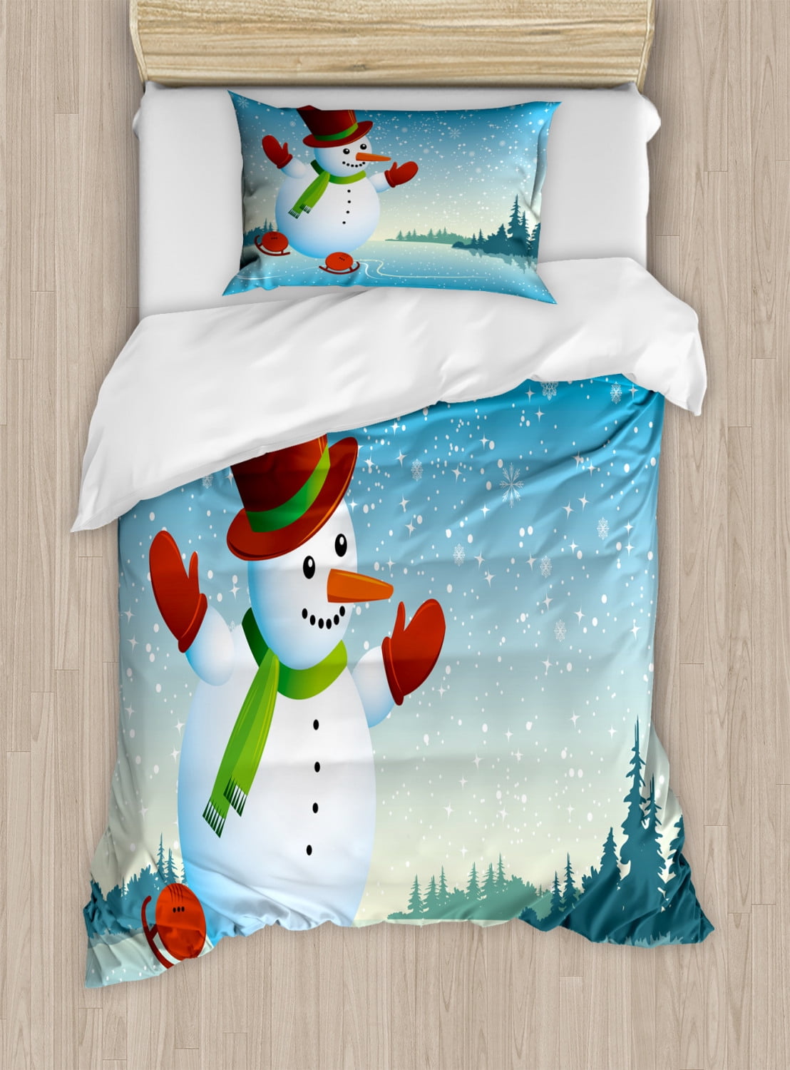 Snowman Duvet Cover Set Twin Size, Cartoon Happy Character Skating on ...