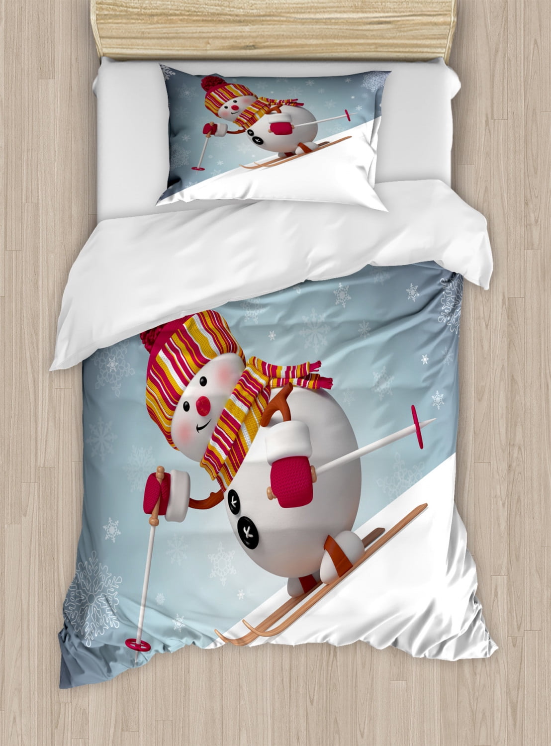 Snowman Duvet Cover Set Twin Size, Skiing Snowman in 3D Style with ...