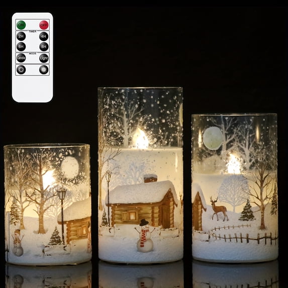 Snowman Glass Flameless Candles Battery Operated with Remote And Timer ...