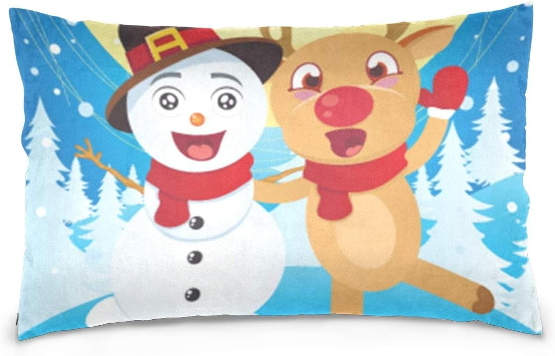 Snowman Hugging Reindeer Velvet Oblong Lumbar Plush Throw Pillow Cover ...