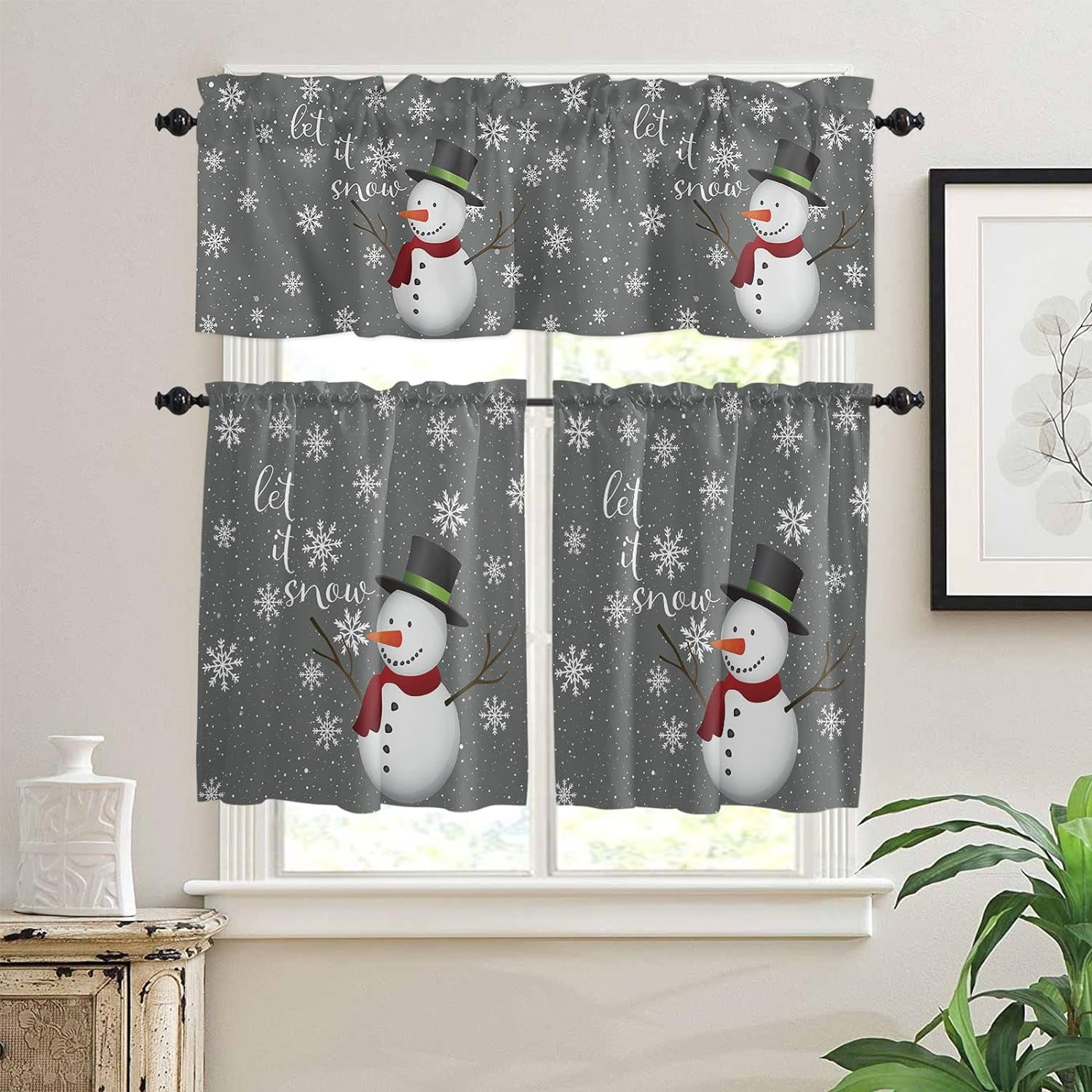 Snowman Kitchen Window Tier Curtains and Valance 3 Pieces Set Winter ...