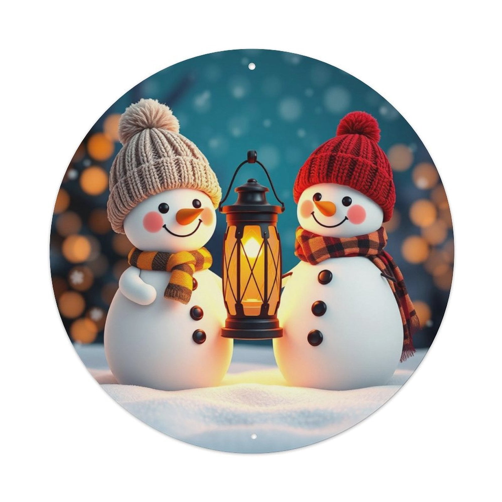 Snowman Lantern Winter Cute7.9x7.9in Round Aluminum Plaque Wall Art, UV ...