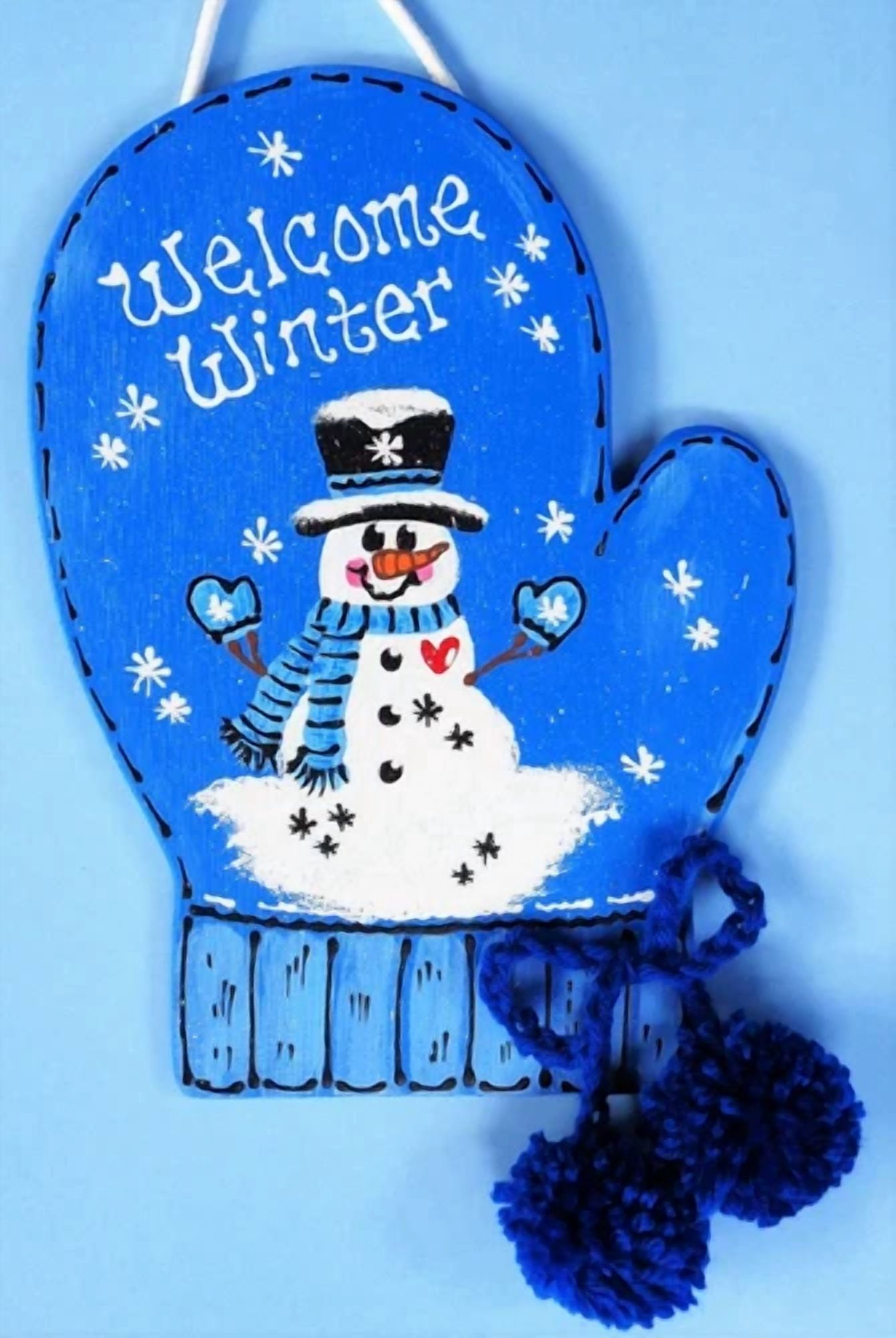 Snowman Mitten Welcome Winter Sign Wall Door Hanger Plaque Wood Wooden ...