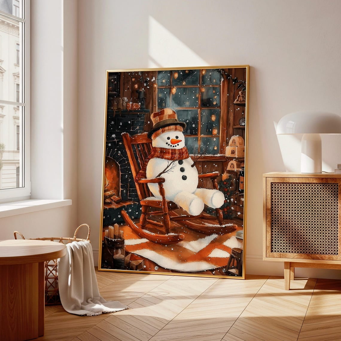 Snowman On A Rocking Chair, Cozy Snowman Winter Scene Art Poster, Decor ...