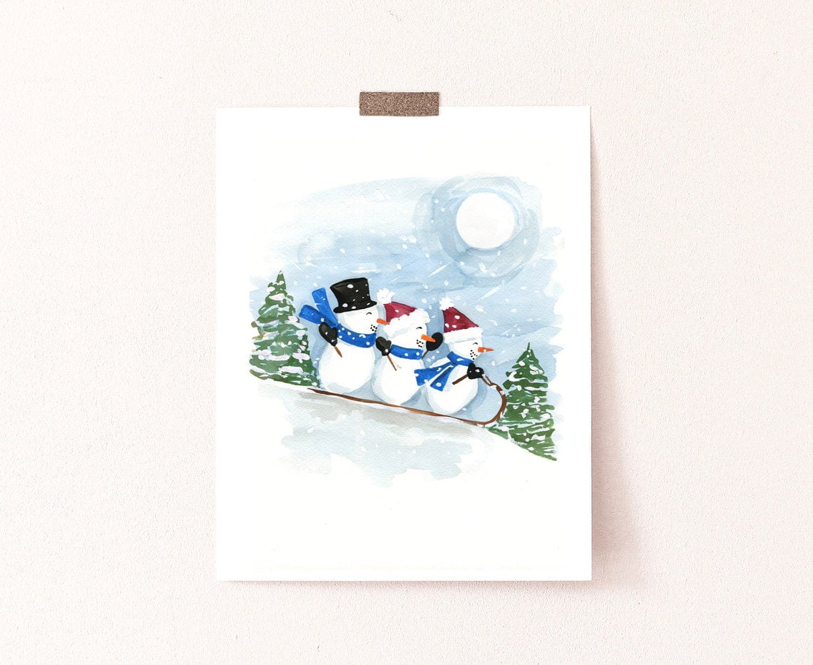 Snowman Poster Winter Sledding Scene Home Decor Wall Art, Unframed ...