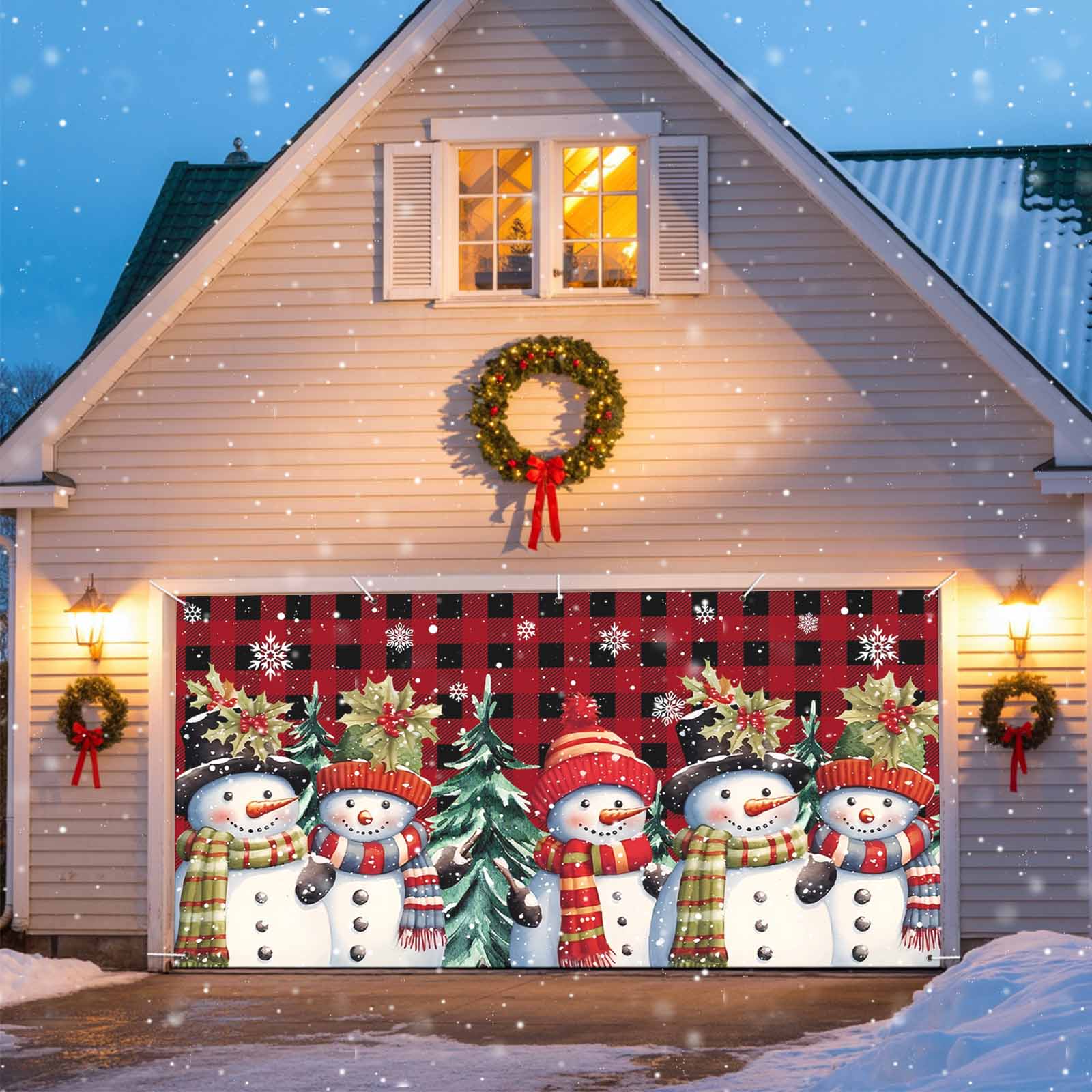 Snowman Red Berry Garage Door Decorations, 6x13ft Garage Door Cover ...