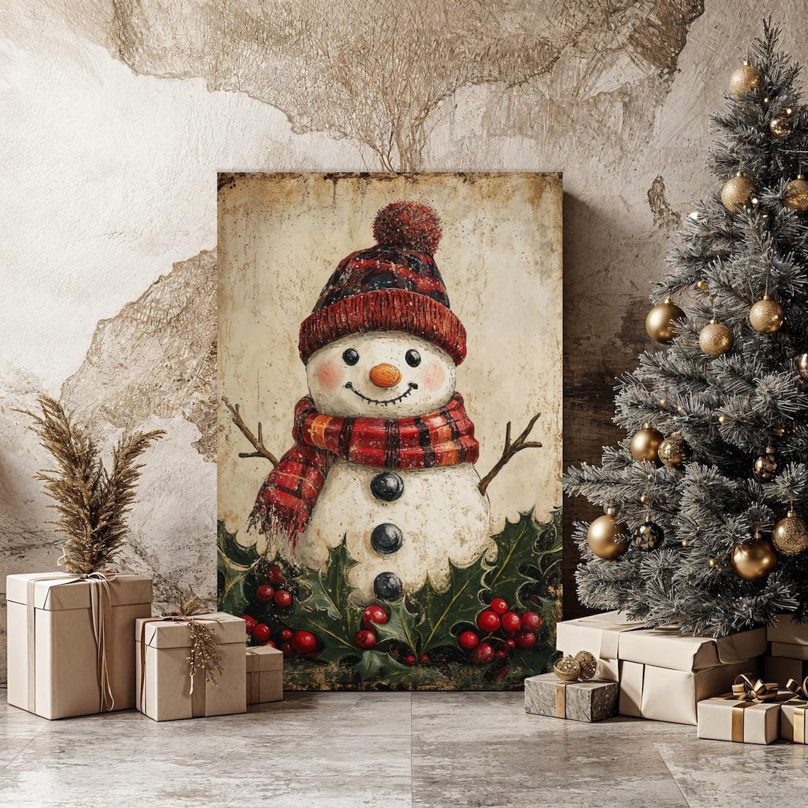 Snowman With Red Scarf And Hat Wall Art Vintage Winter Poster Cozy ...