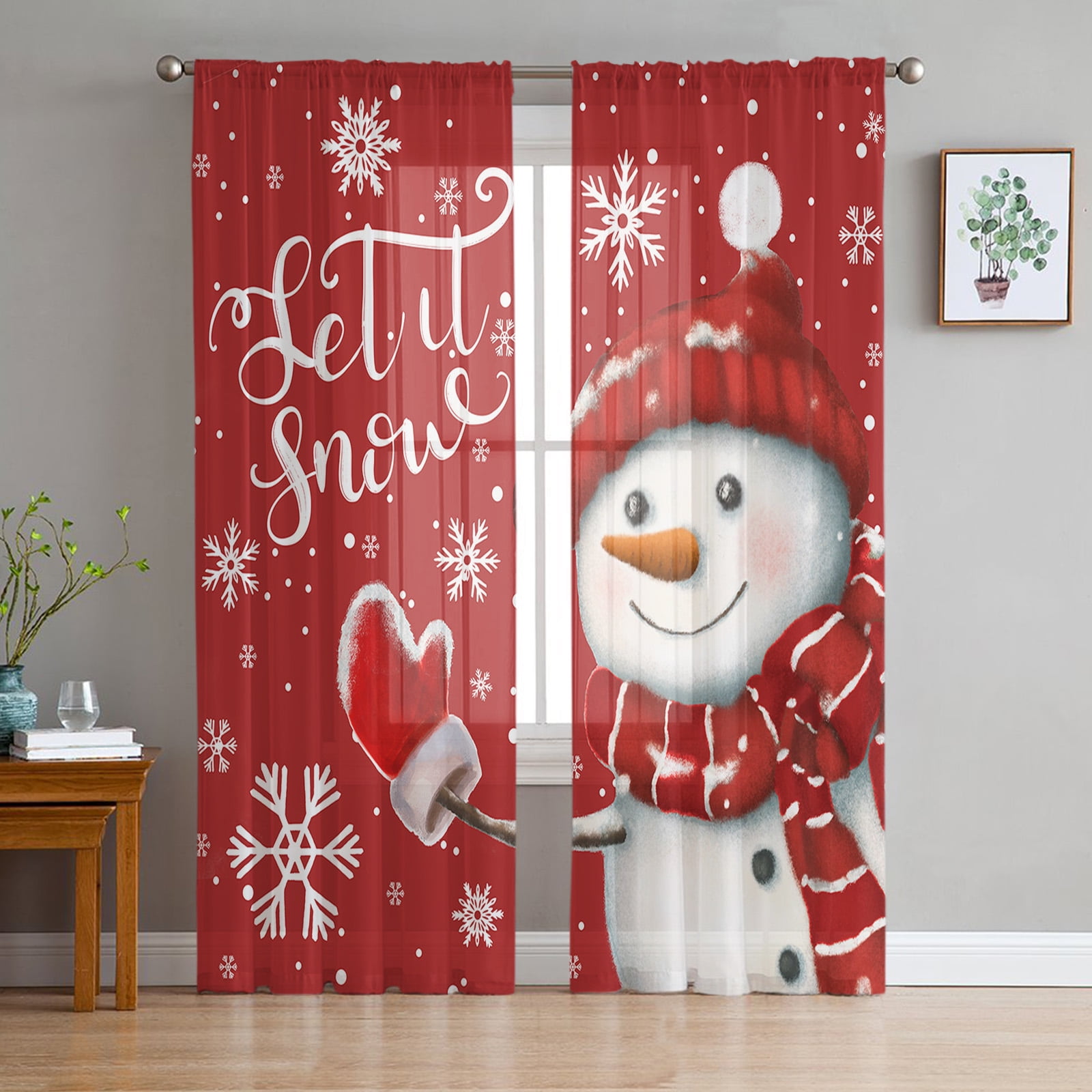 Snowman, Semi Sheer Curtains 72 Inch Length 2 Panels Set, Red White Christmas Winter Snowflake ...