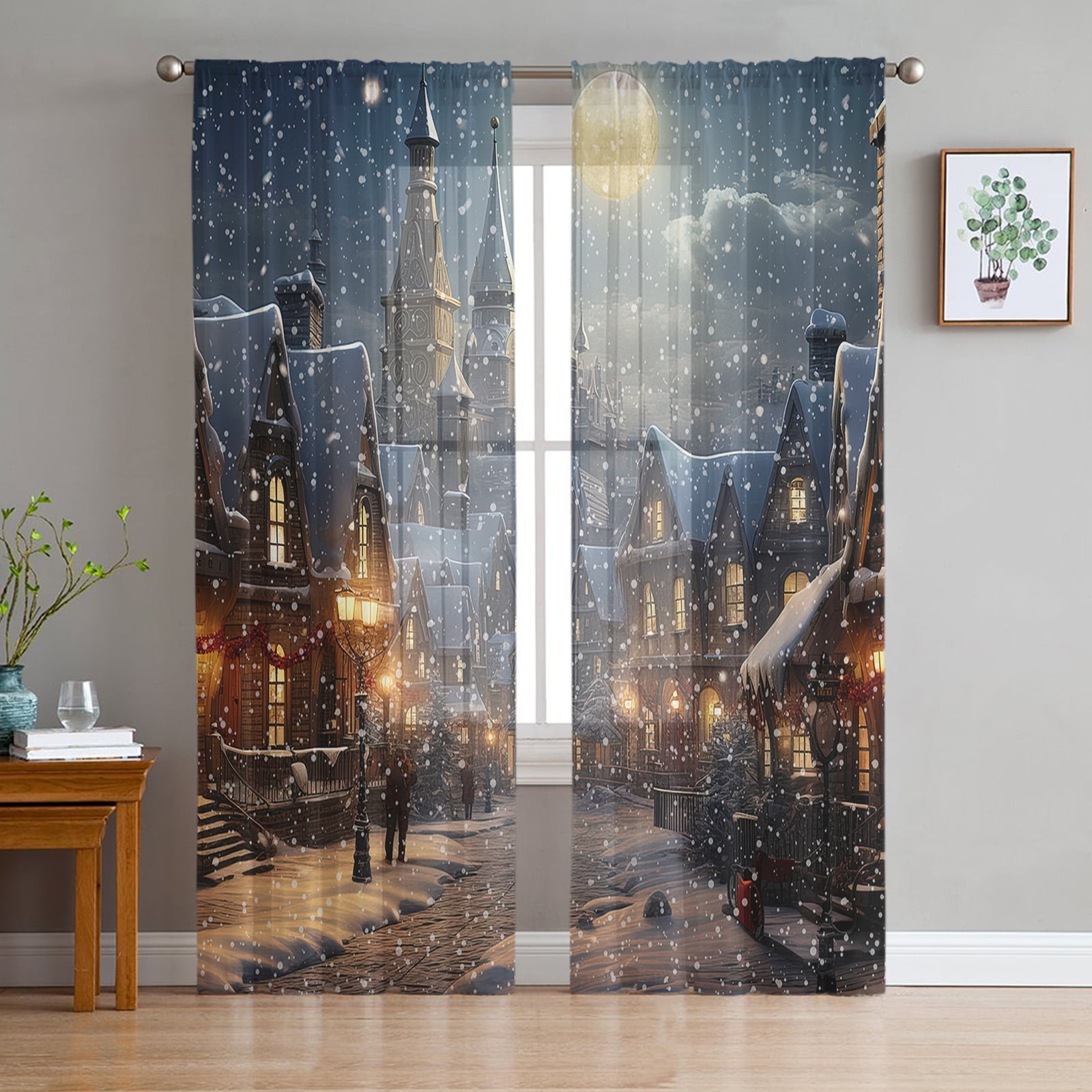 Snowman Snow Scene Pink House Window Tulle Curtains for Living Room ...