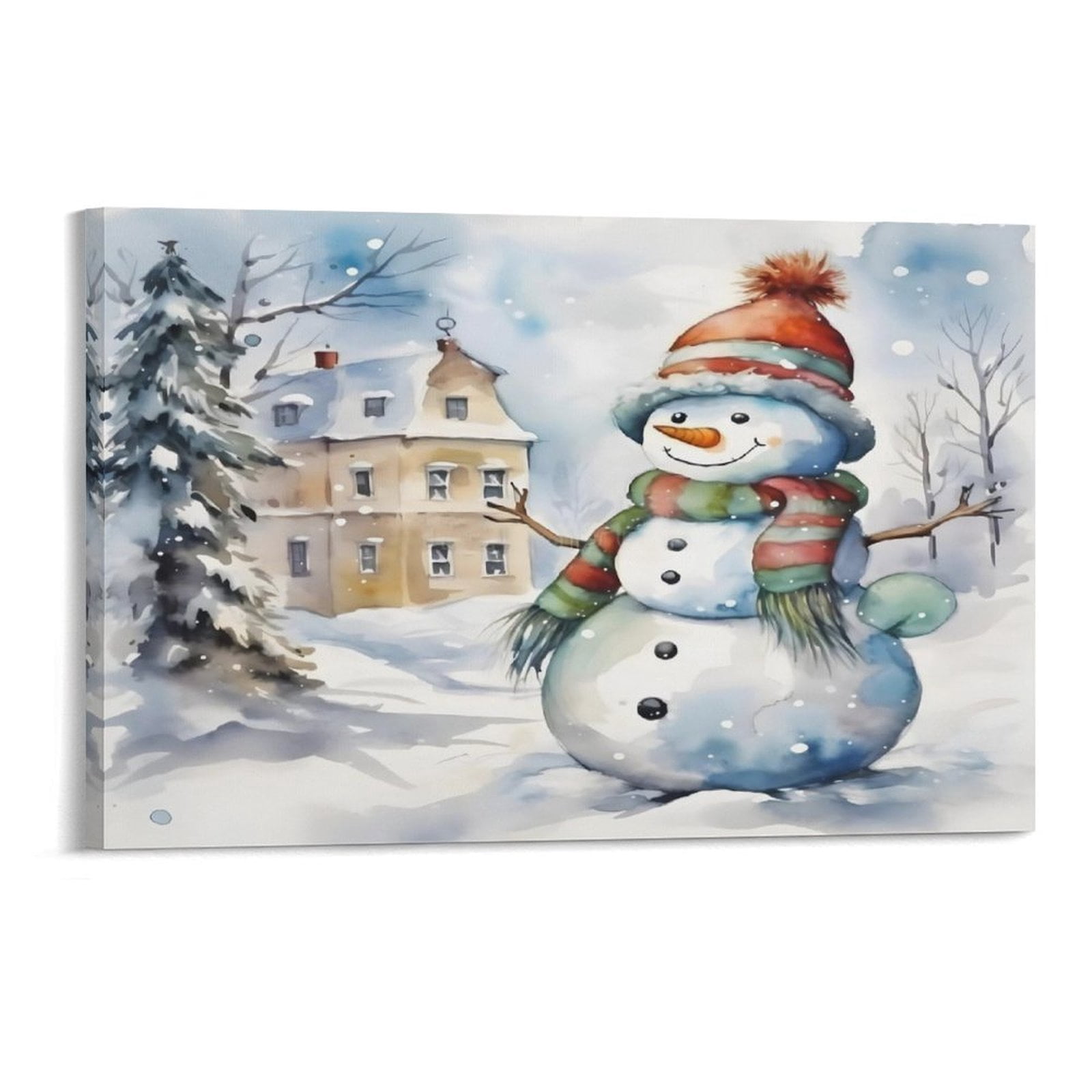 Snowman Standing Happy Cute Red Hat Canvas Prints Wall Art，Winter Scene ...