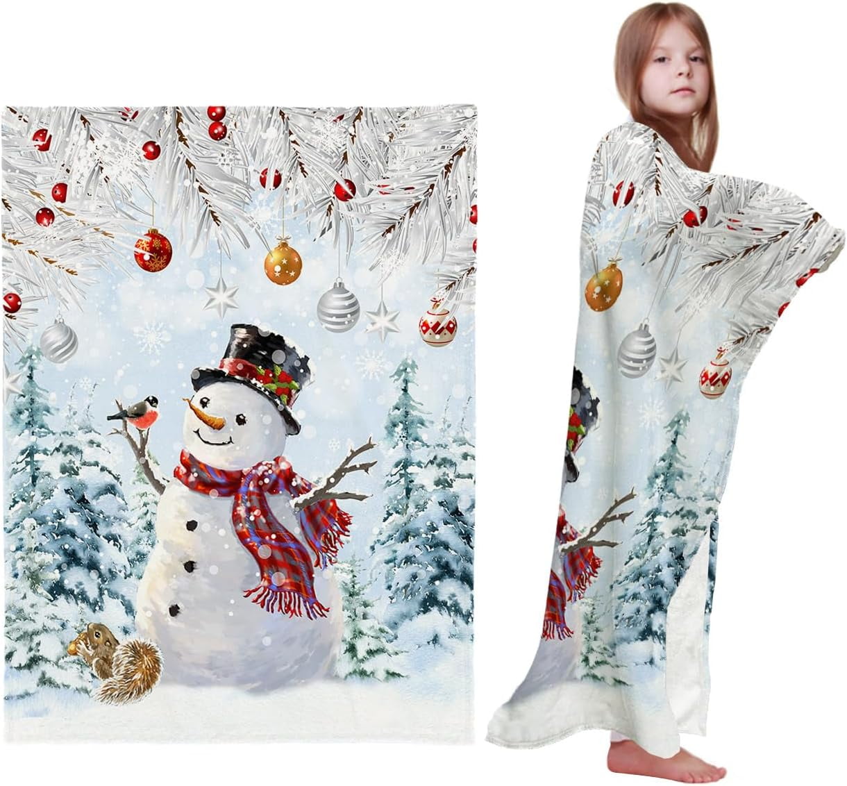 Snowman Throw Blankets, Blue Merry Christmas Tree Red Balls Squirrel ...