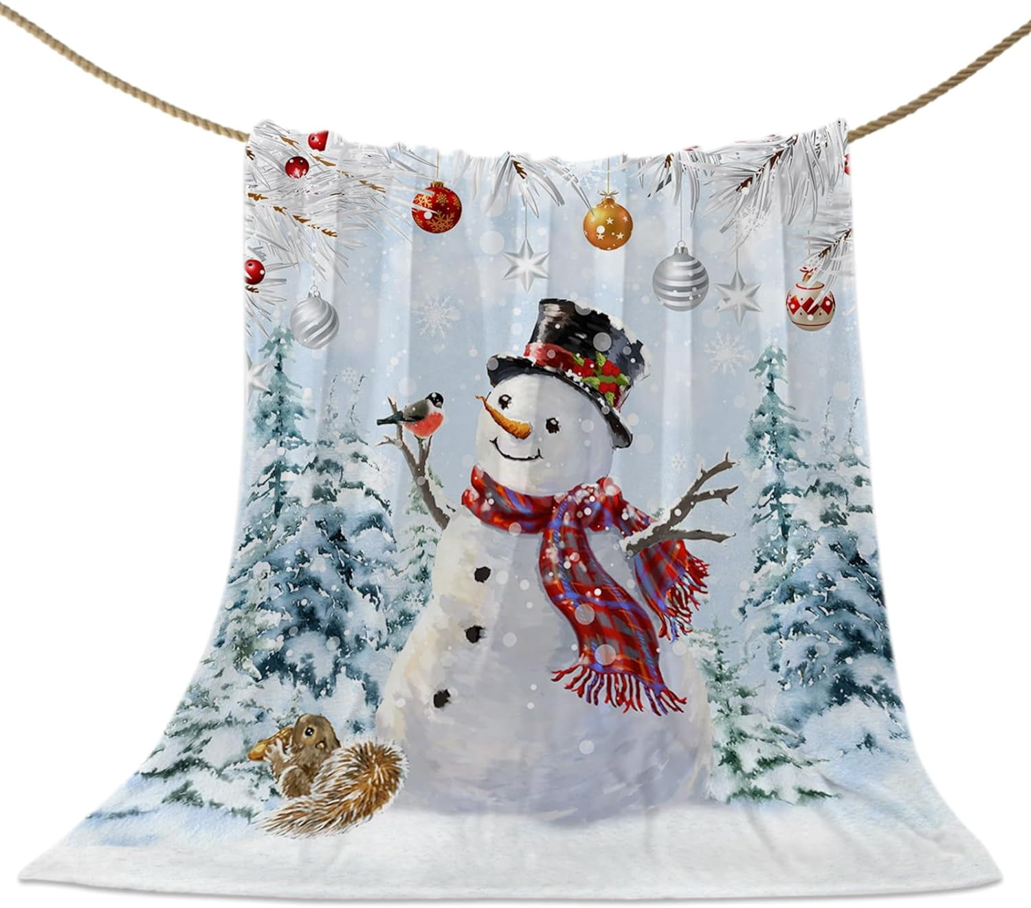Snowman Throw Blankets, Blue Merry Christmas Tree Red Balls Squirrel ...