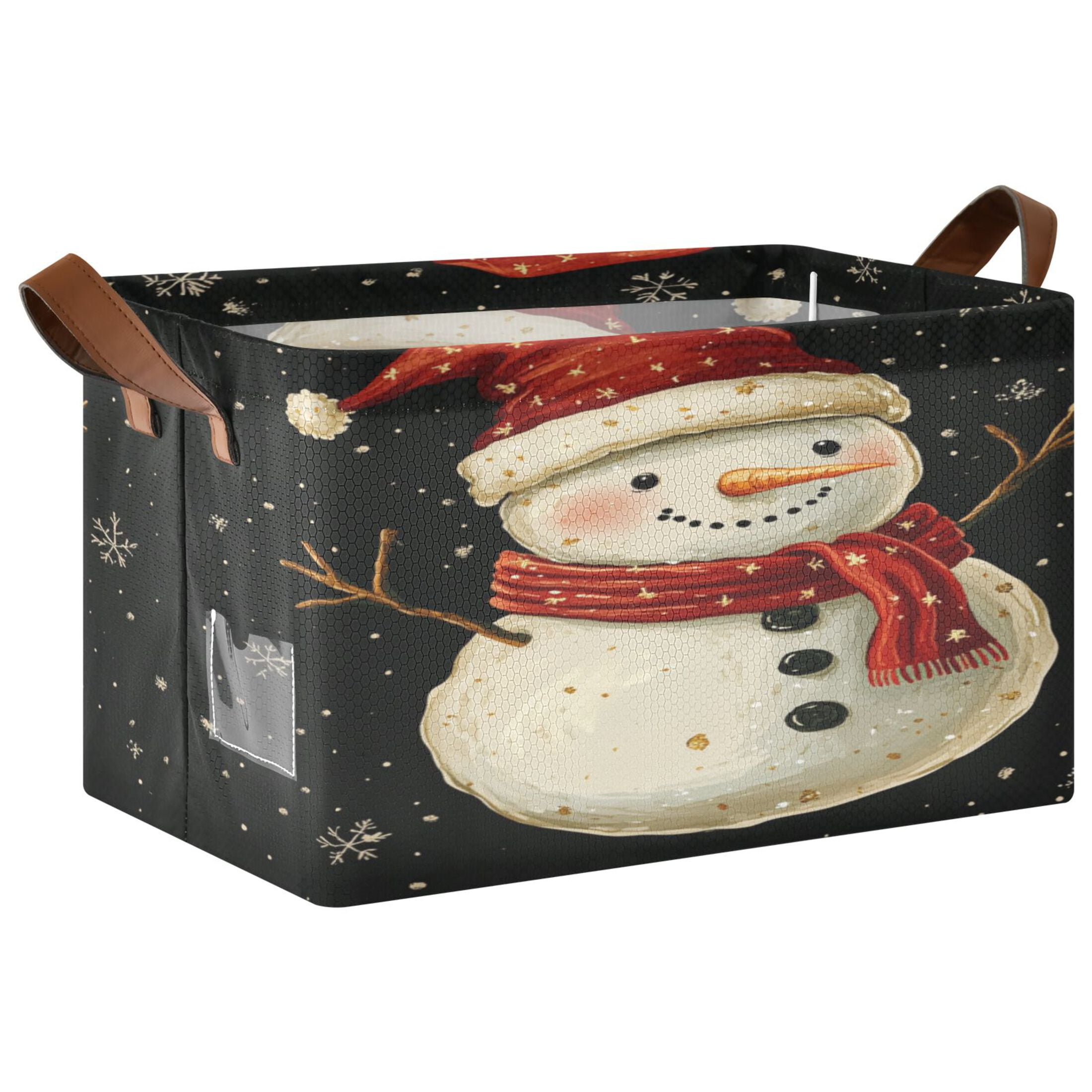 Snowman Wearing Red Hat on Black Background Storage Basket Soccer Plaid ...