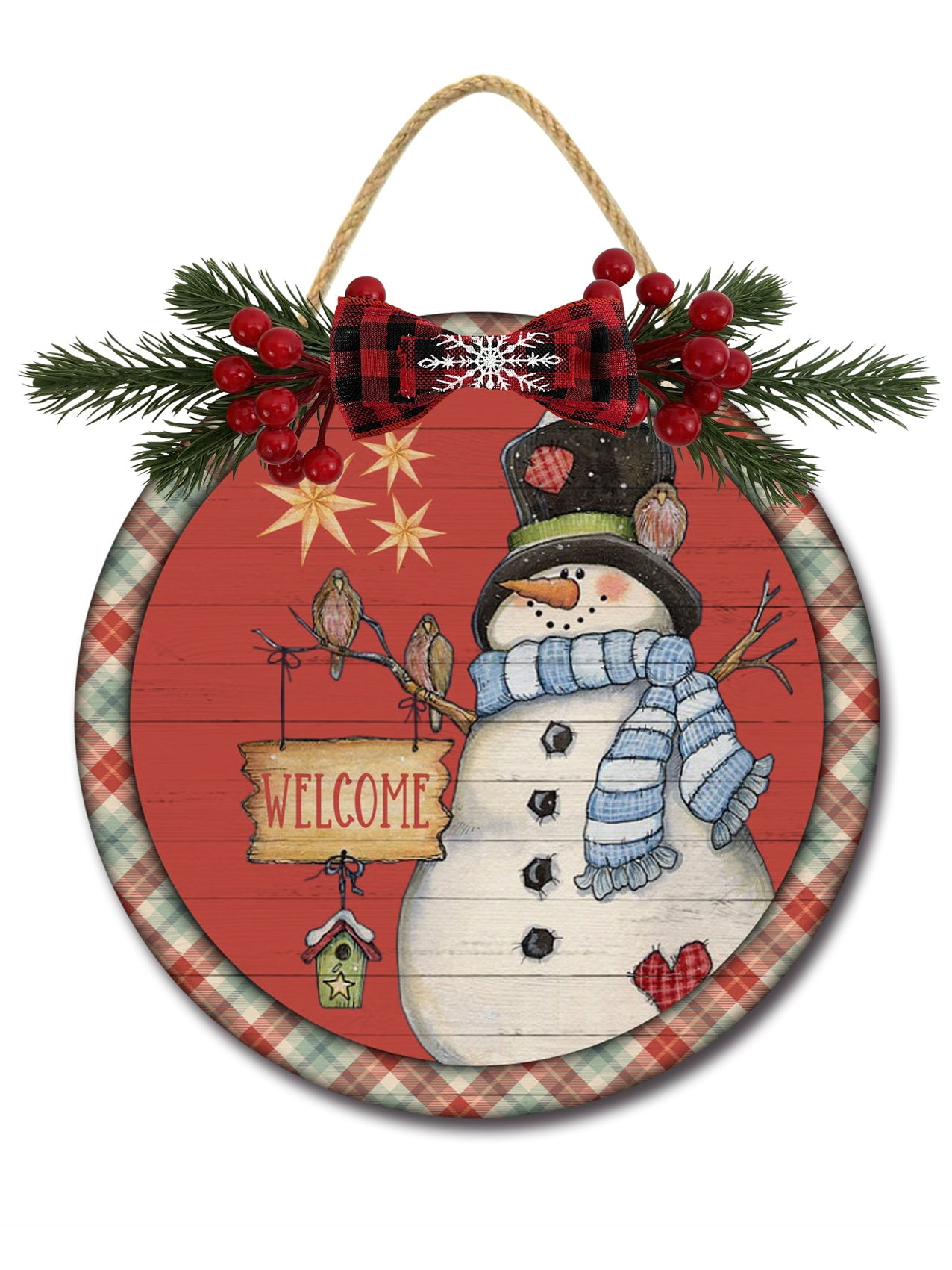 Snowman Welcome Sign Front Door Porch Decorations, Round Rustic Wood ...
