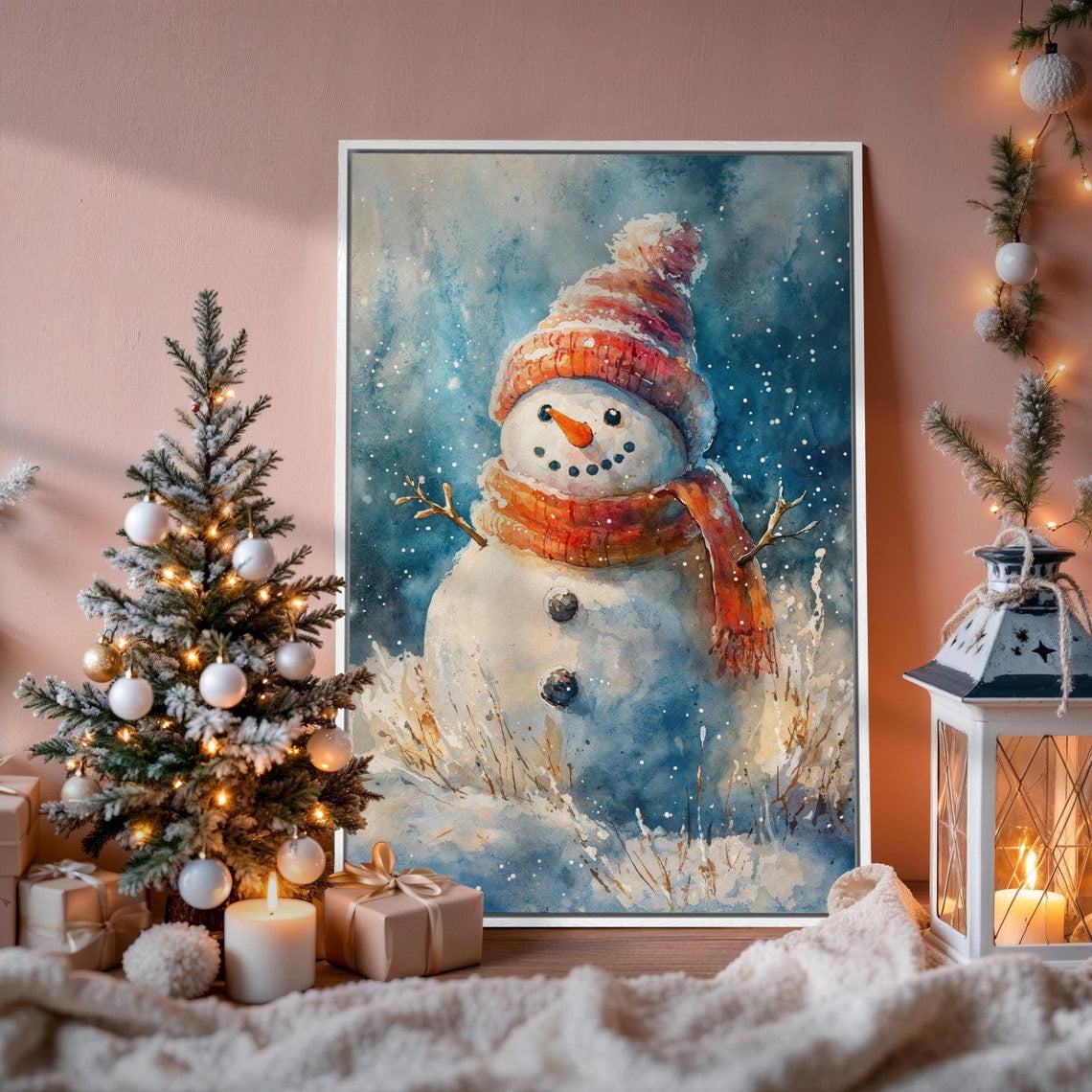 Snowman Winter Scene Poster Cozy Red Hat With Scarf Wall Art ...