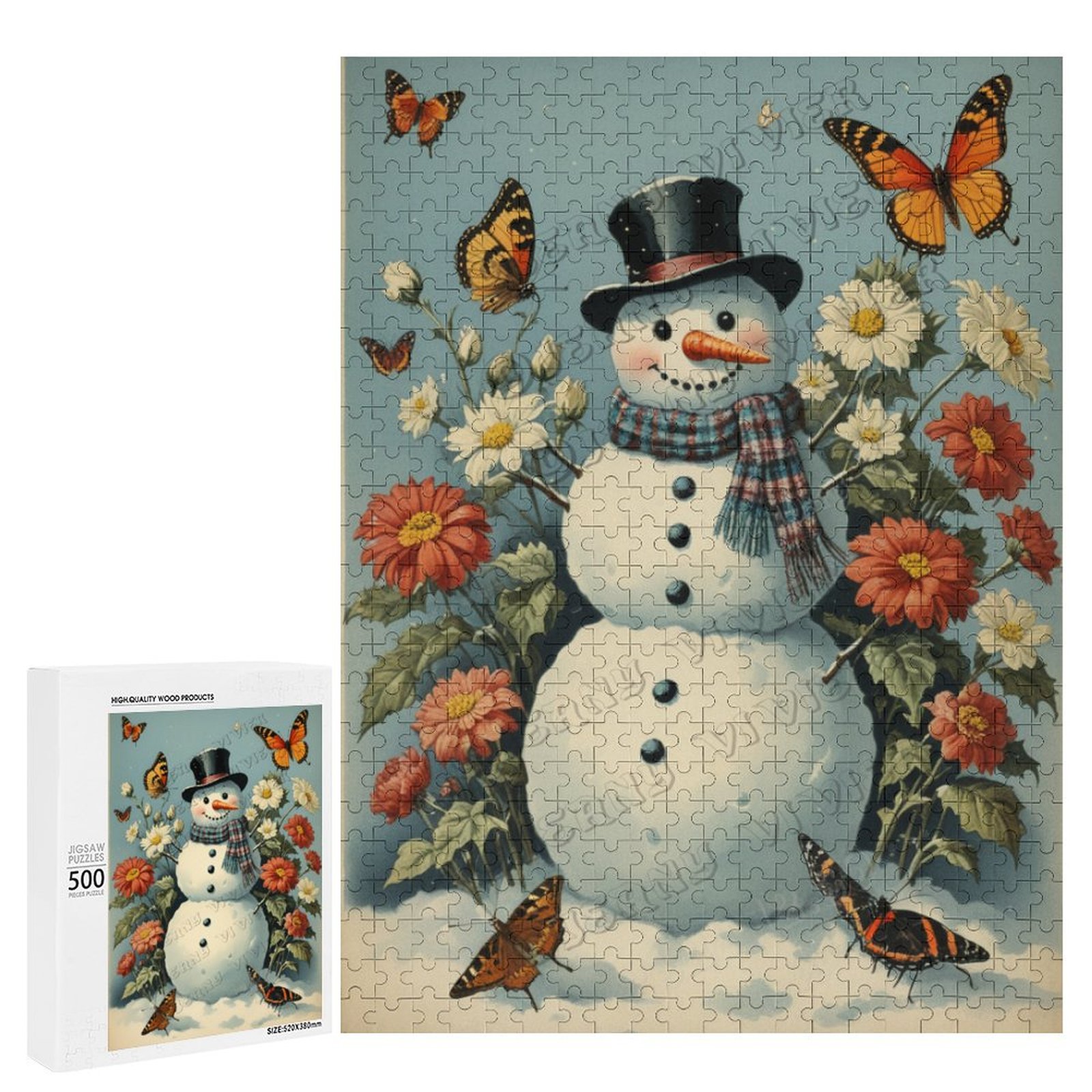 Snowman With Flower Puzzle - Snowman -500 Pieces Jigsaw Puzzle Wooden ...