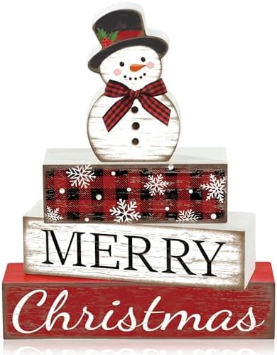 Snowman Wooden Block Merry Christmas Wood Centerpiece Xmas Red Buffalo ...