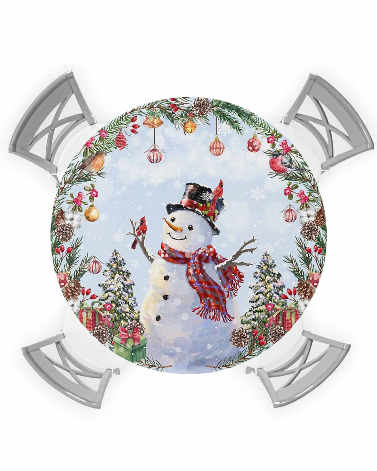 Snowman Wreath Table Cloth, Round Fitted Tablecloths with Elastic Edge ...