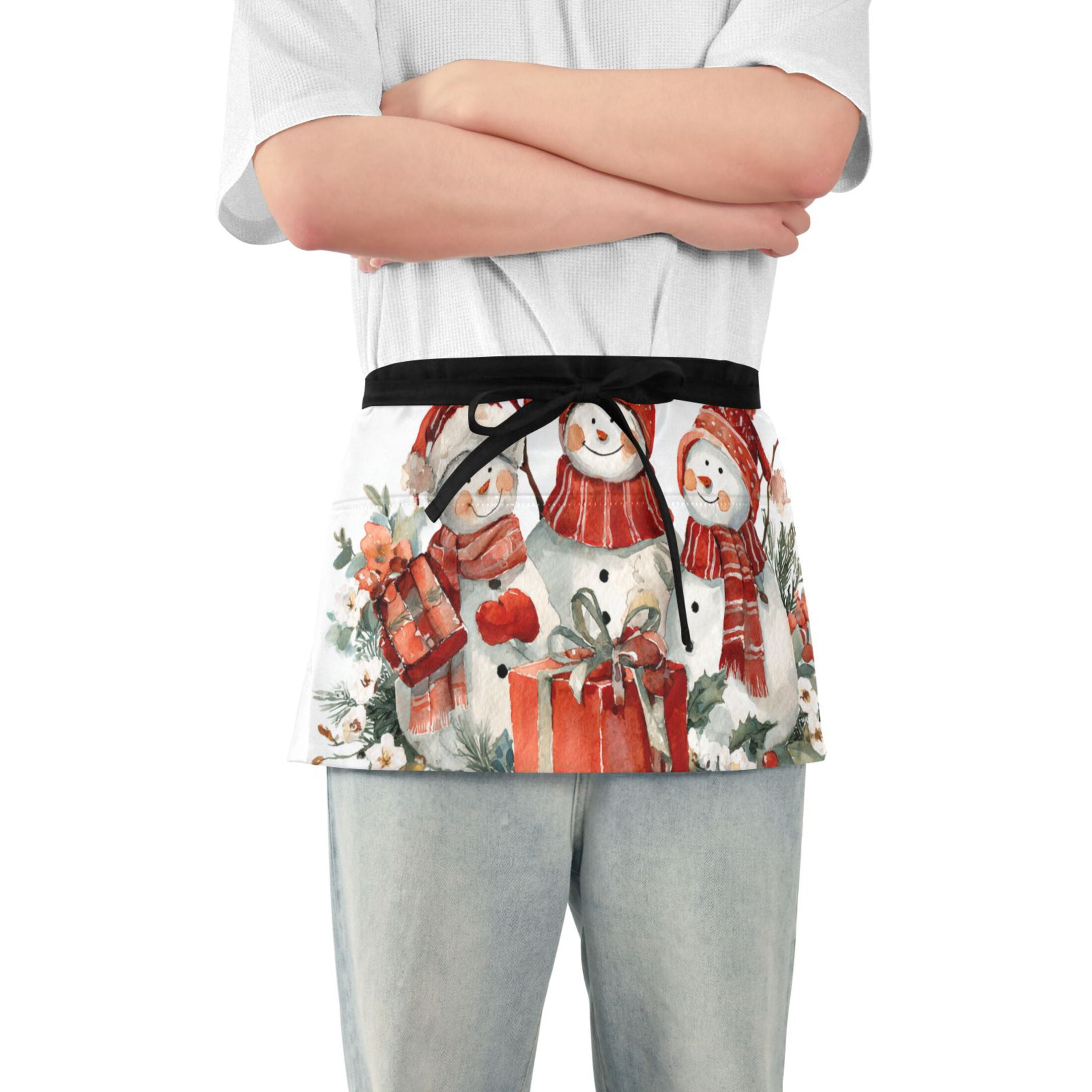 Snowman in Christmas Short Server Apron with 3 Pockets for Unisex Chef ...
