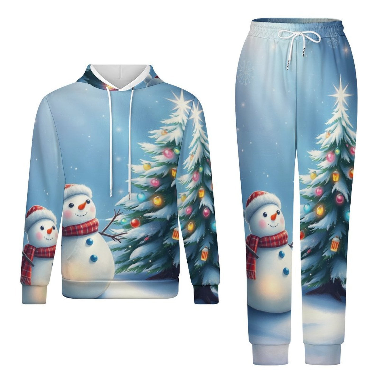 Snowman with Christmas Tree Scene. Hoodie And Pants Set Tracksuit Men ...