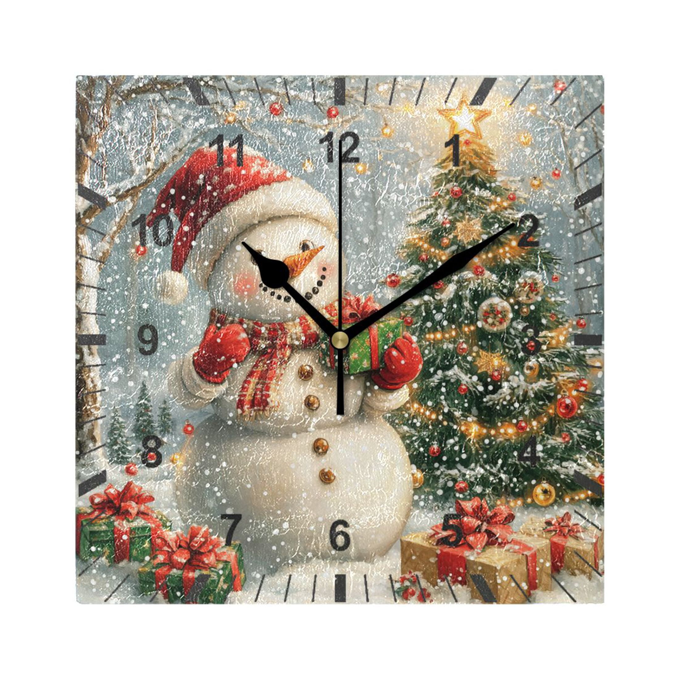 Snowman with Christmas Tree Wall Clock Battery Operated Silent Non ...